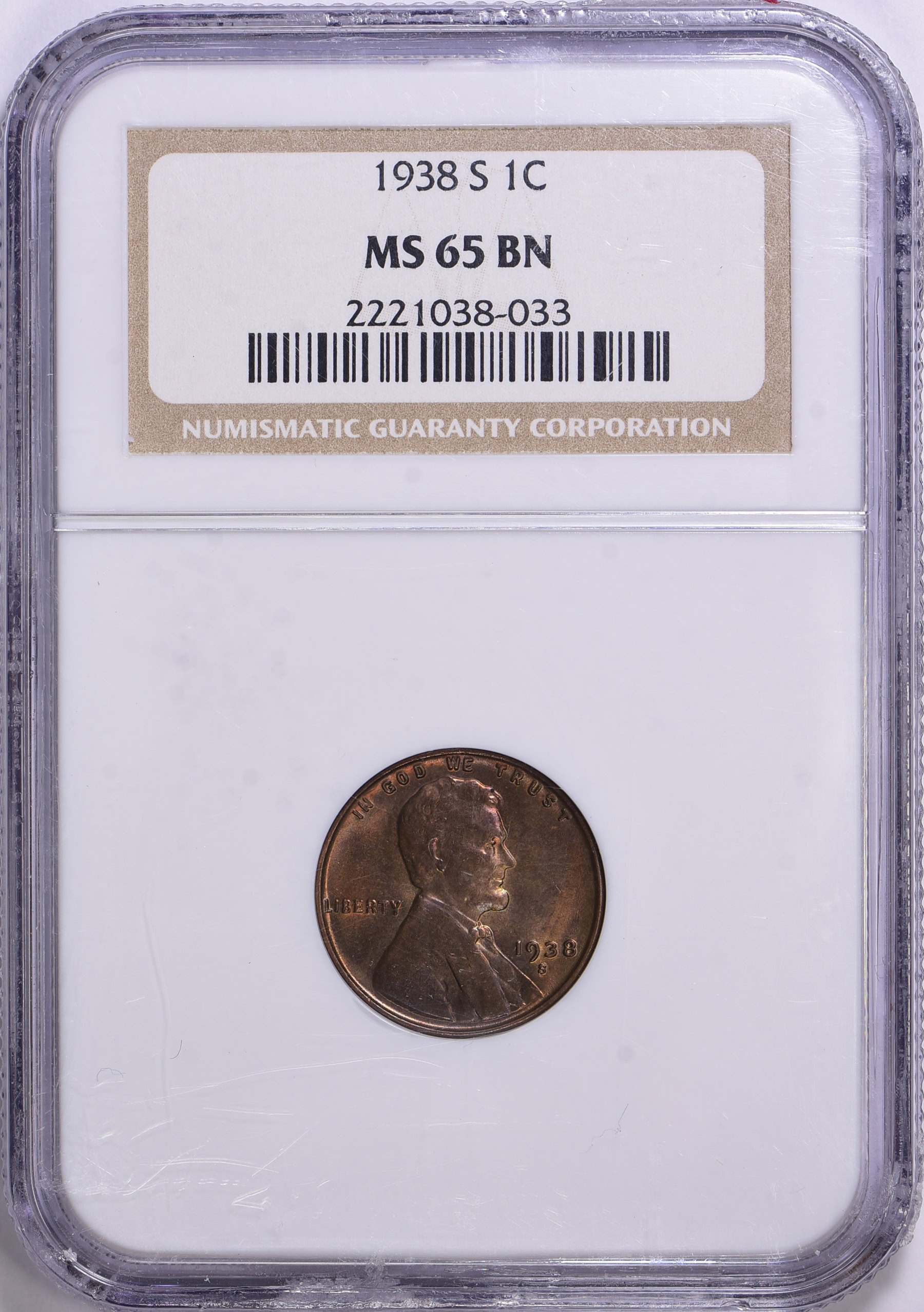 1938-S Lincoln Cent NGC MS-65 BN (Toned) (Item 1773079) | GreatCollections Coin Auctions