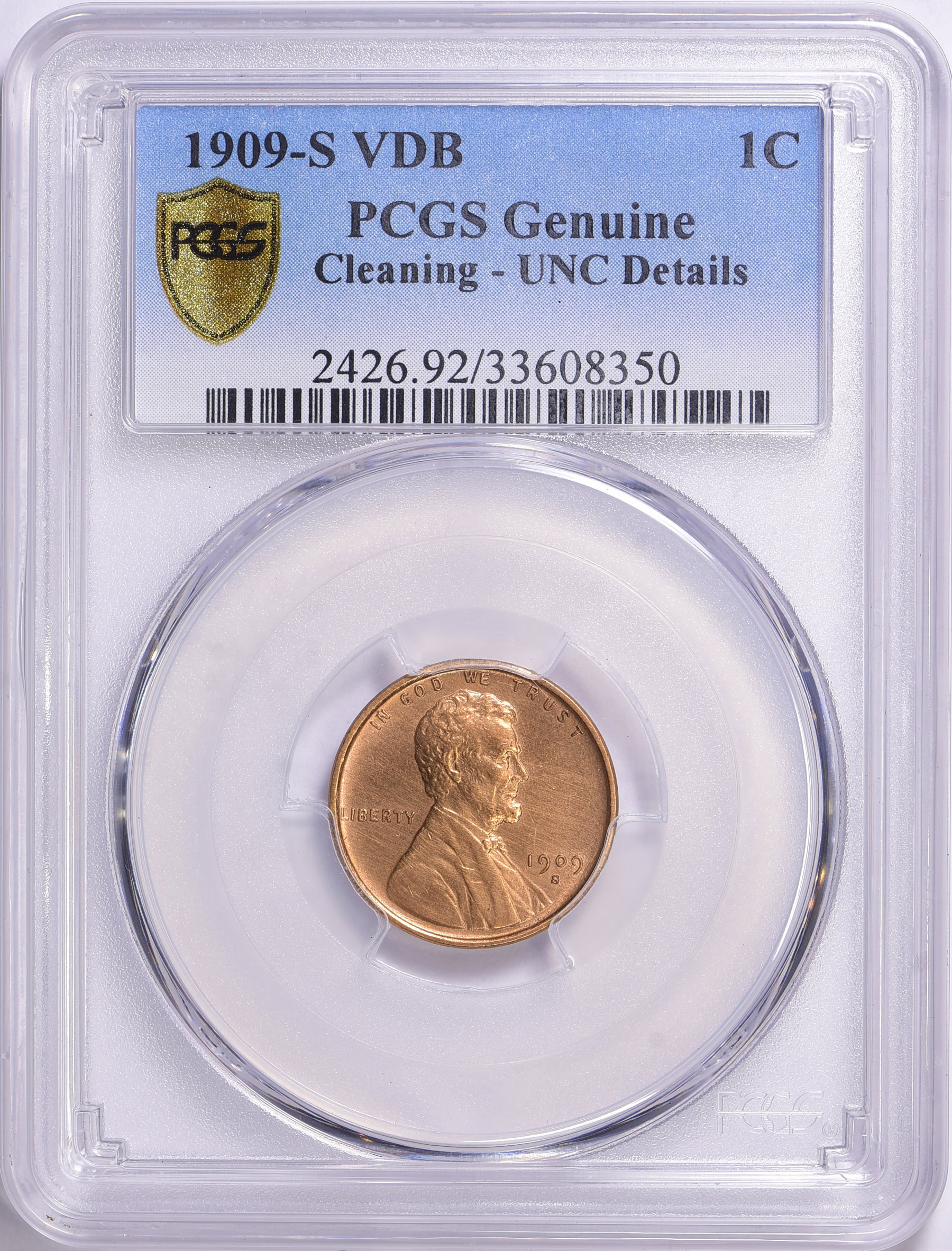 1909-S Lincoln Cent V.D.B. PCGS Genuine Unc Details (Item 1773112) | GreatCollections Coin Auctions