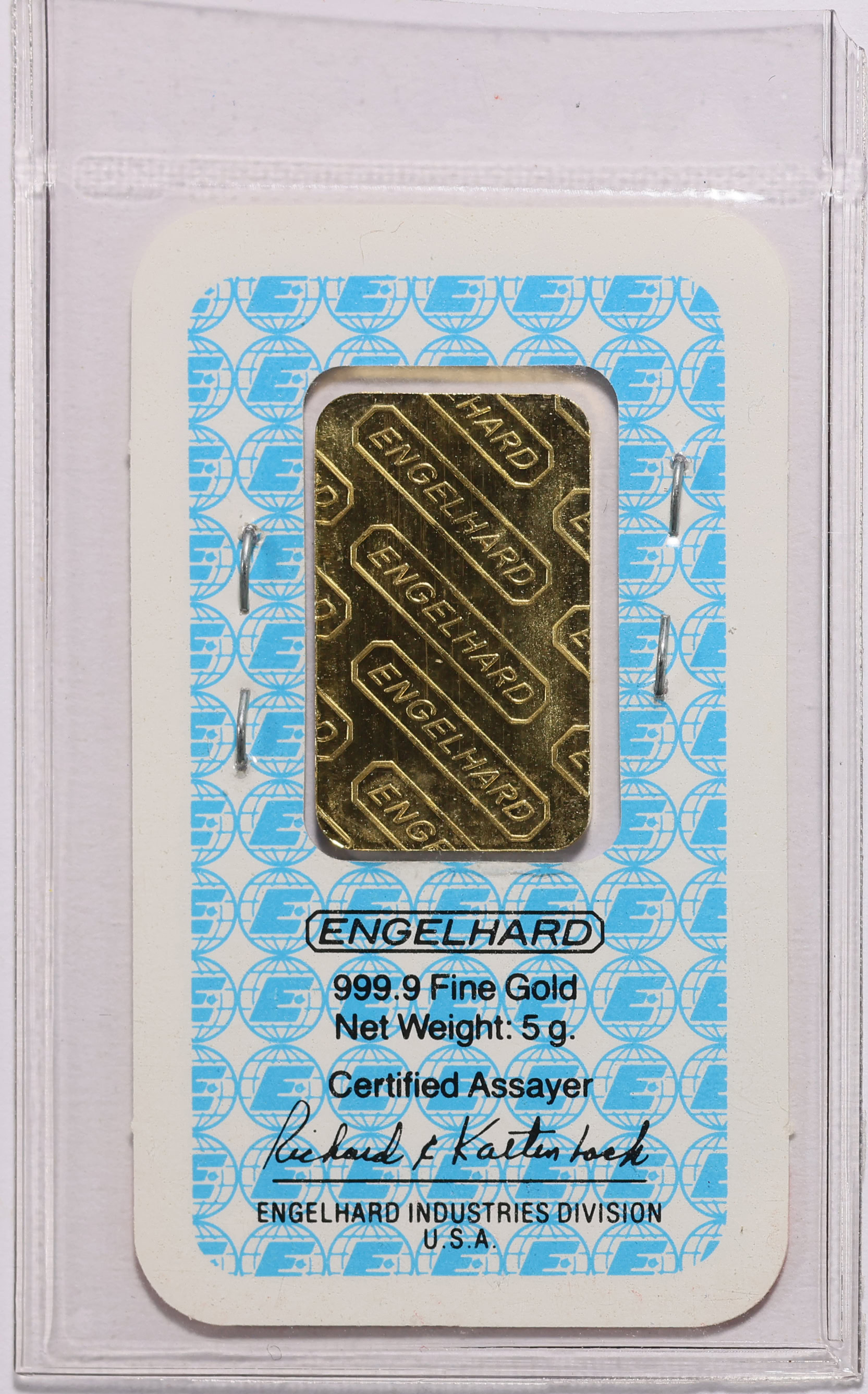 ND Gold 5gms Engelhard Ingot/Bar Uncertified in Card of Issue (AGW = 0. ...