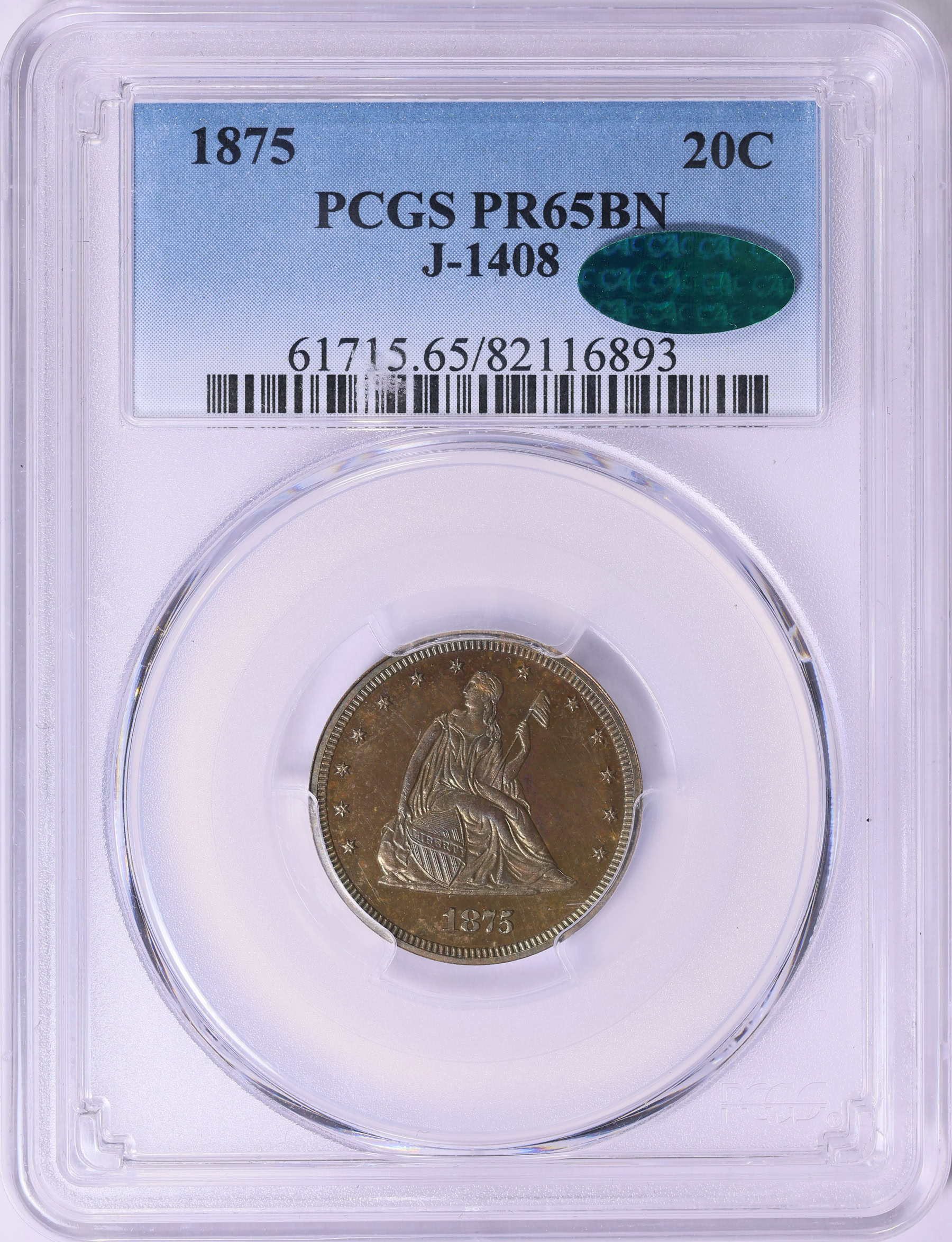 Pattern 1875 20c J-1408 PCGS Proof-65 BN (CAC Green) (Toned) (Item ...