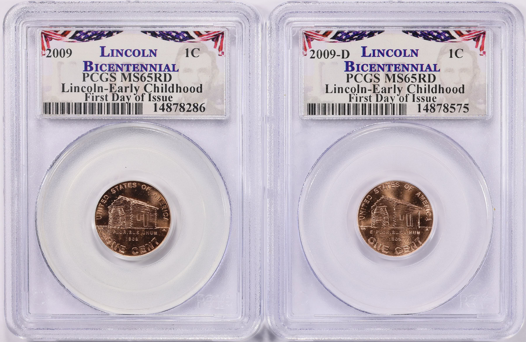 2009 and 2009-D Lincoln Cent Birth and Early Childhood First Day of Issue PCGS MS-65 RD (2 Coins ...
