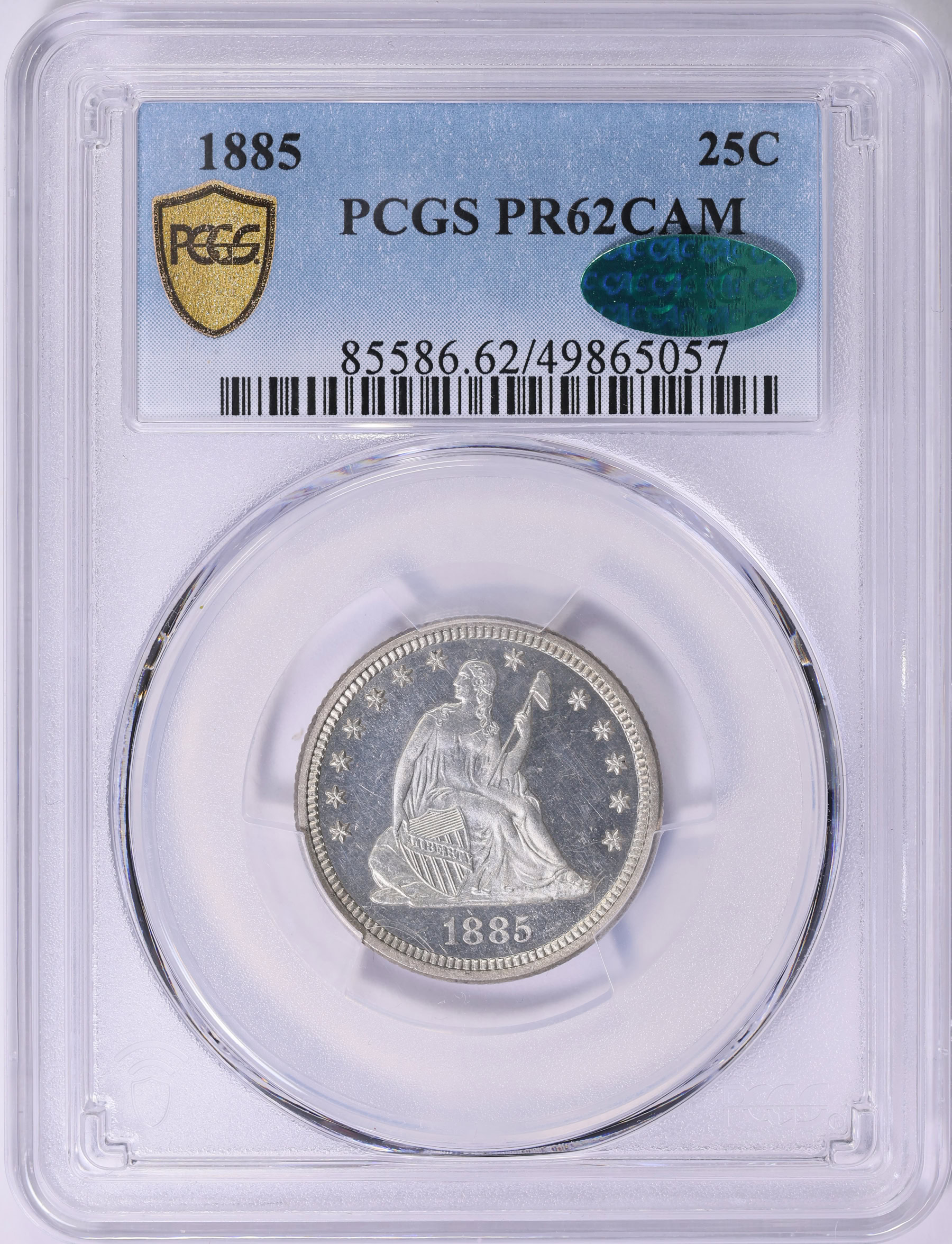 1885 Seated Liberty Quarter PCGS Proof-62 CAMEO (CAC Green) (Toned) (Item 1773241 ...