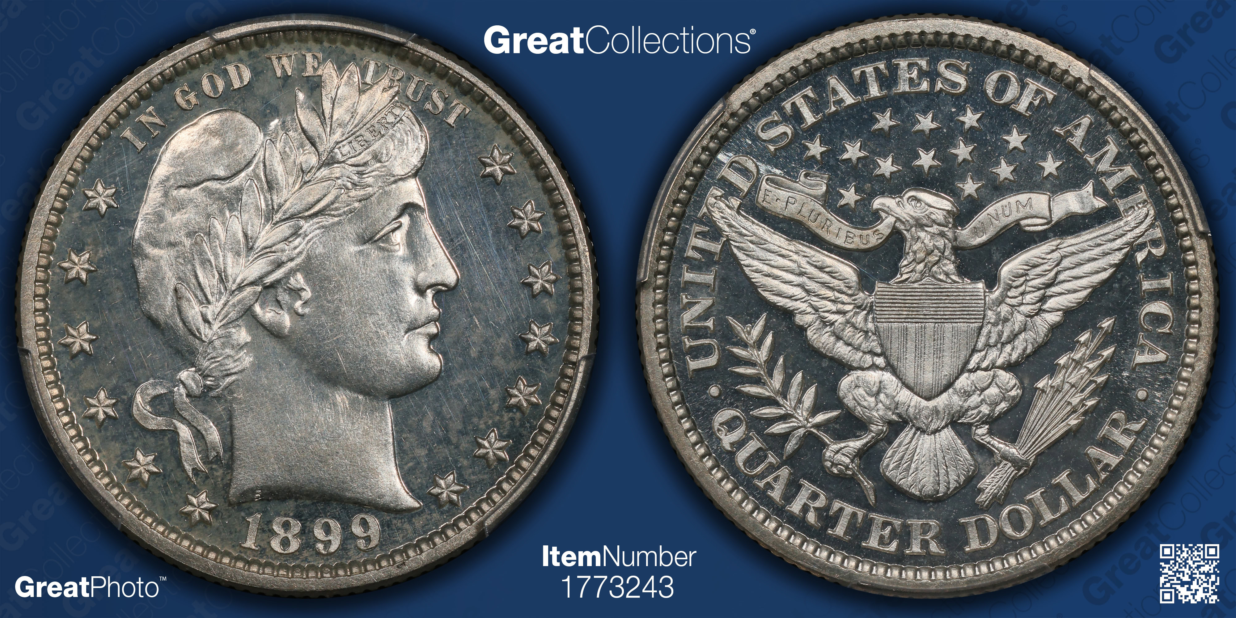 1899 Barber Quarter PCGS Proof-63 (Item 1773243) | GreatCollections ...