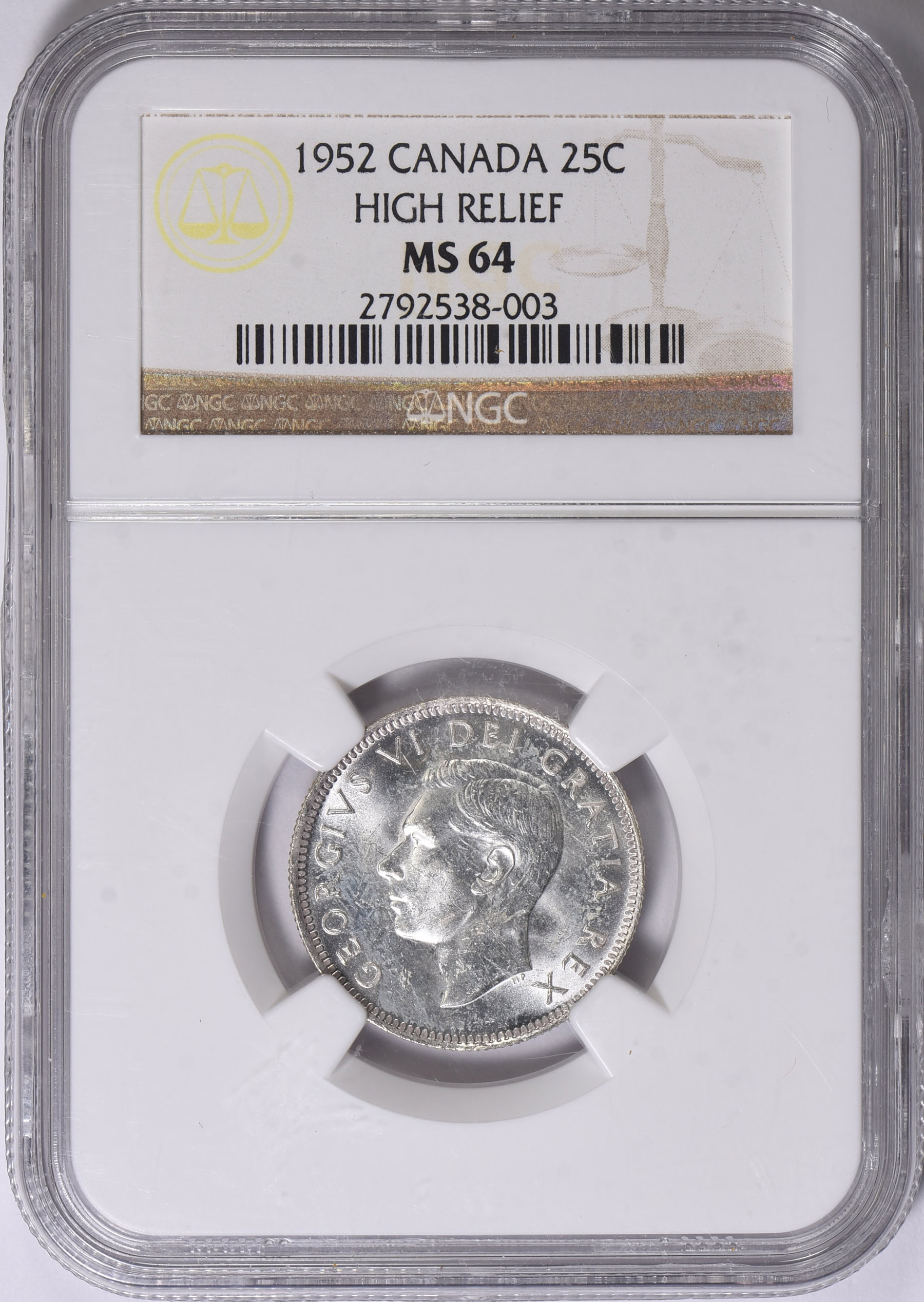 Canada 1952 Silver 25 Cents High Relief KM-44 NGC MS-64 (Item 1773297 ...