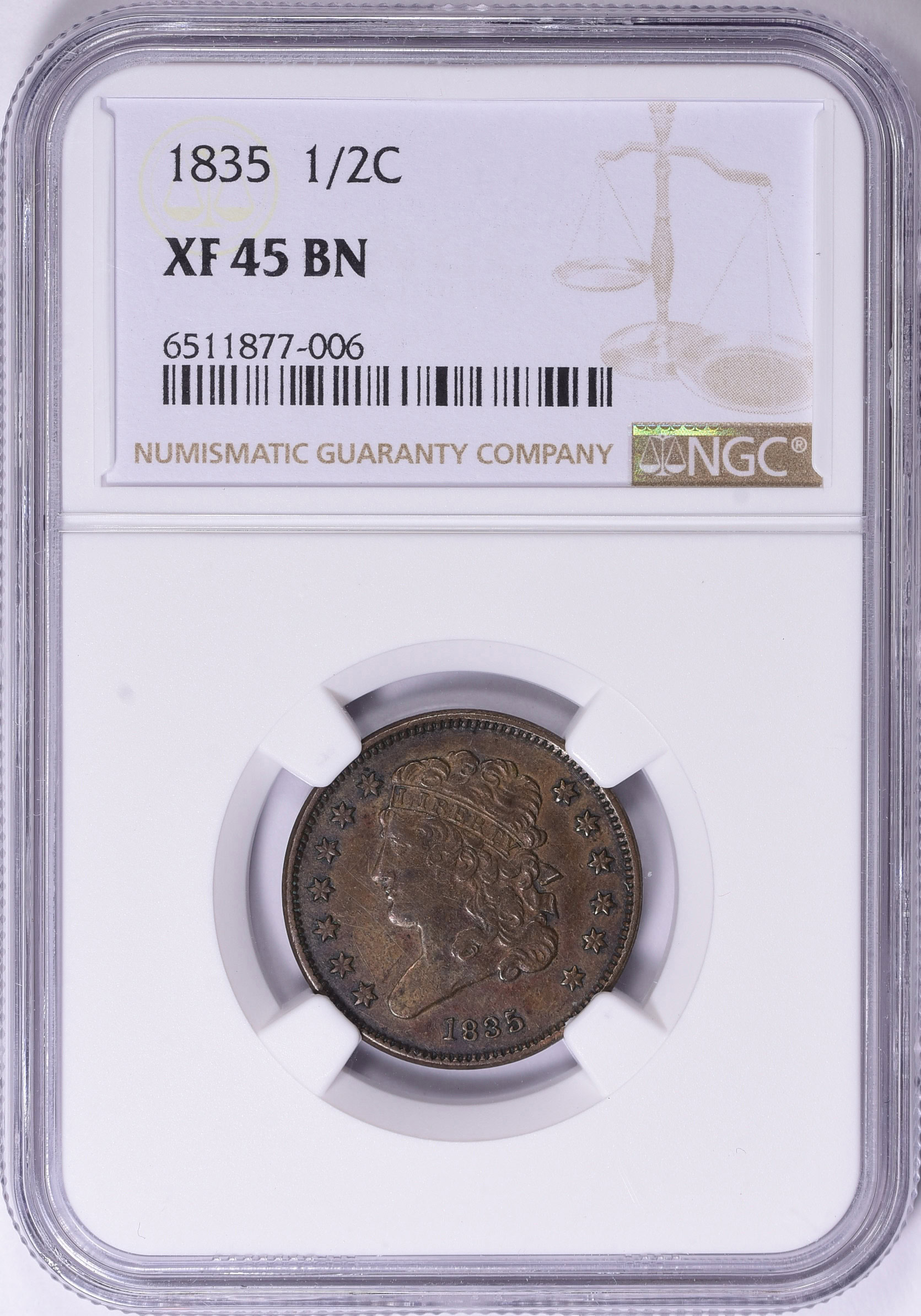 1835 Classic Half Cent NGC XF-45 BN (Item 1773729) | GreatCollections Coin Auctions