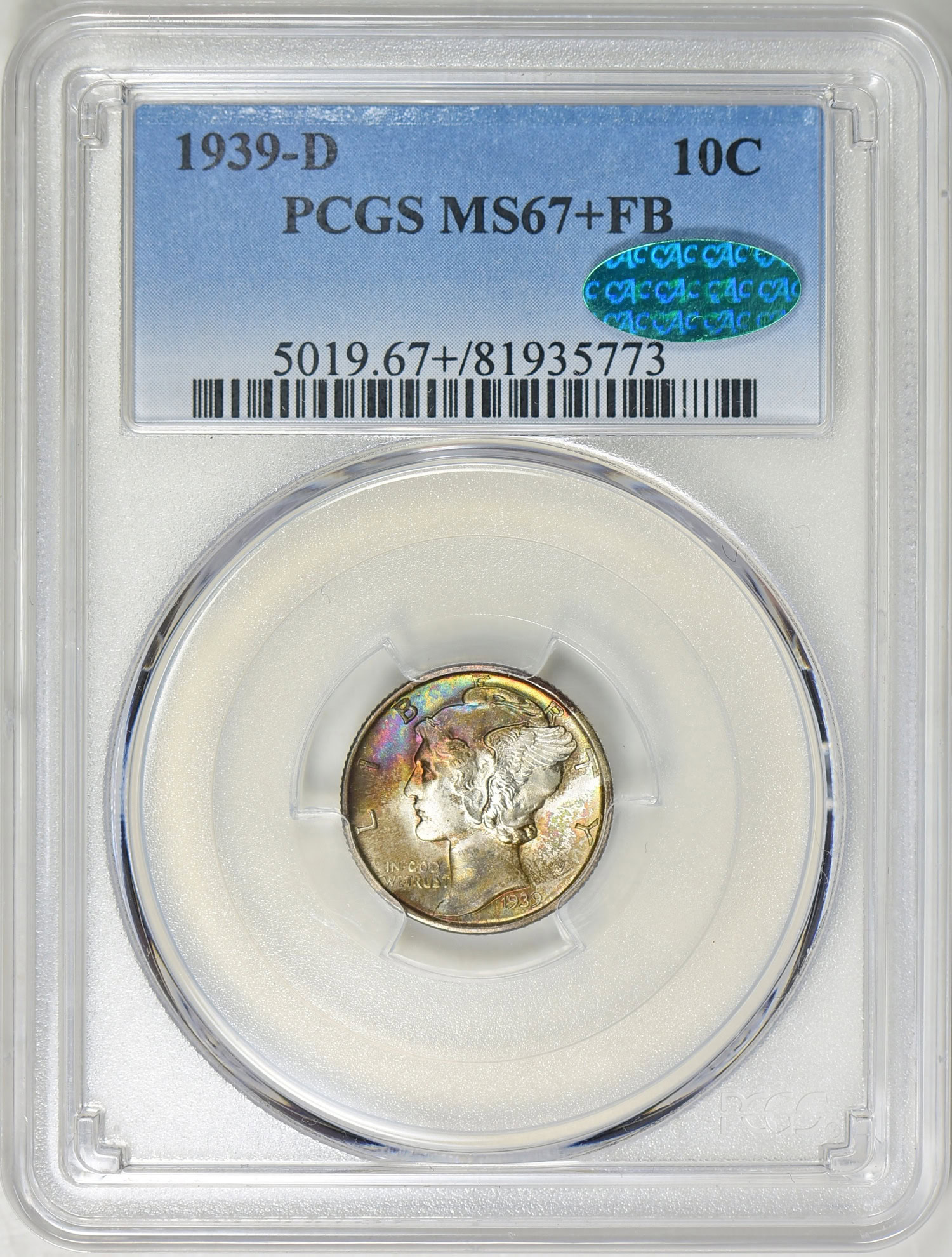 1939-D Mercury Dime PCGS MS-67+ FB (CAC Green) (Toned) (Item 1773751) | GreatCollections Coin ...