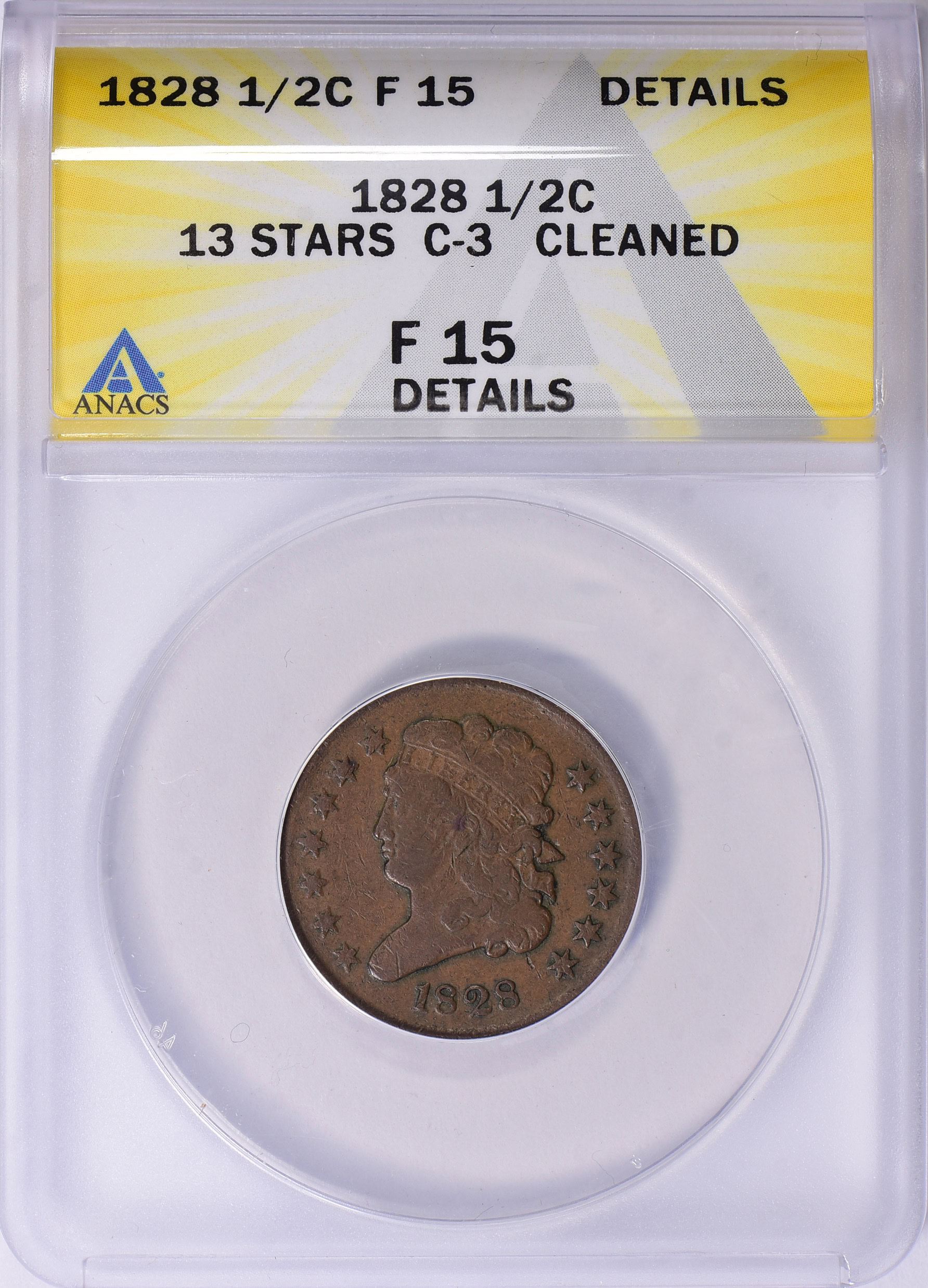 1828 Classic Half Cent 13 Stars C-3 ANACS F-15 Details (Item 1774329) | GreatCollections Coin ...