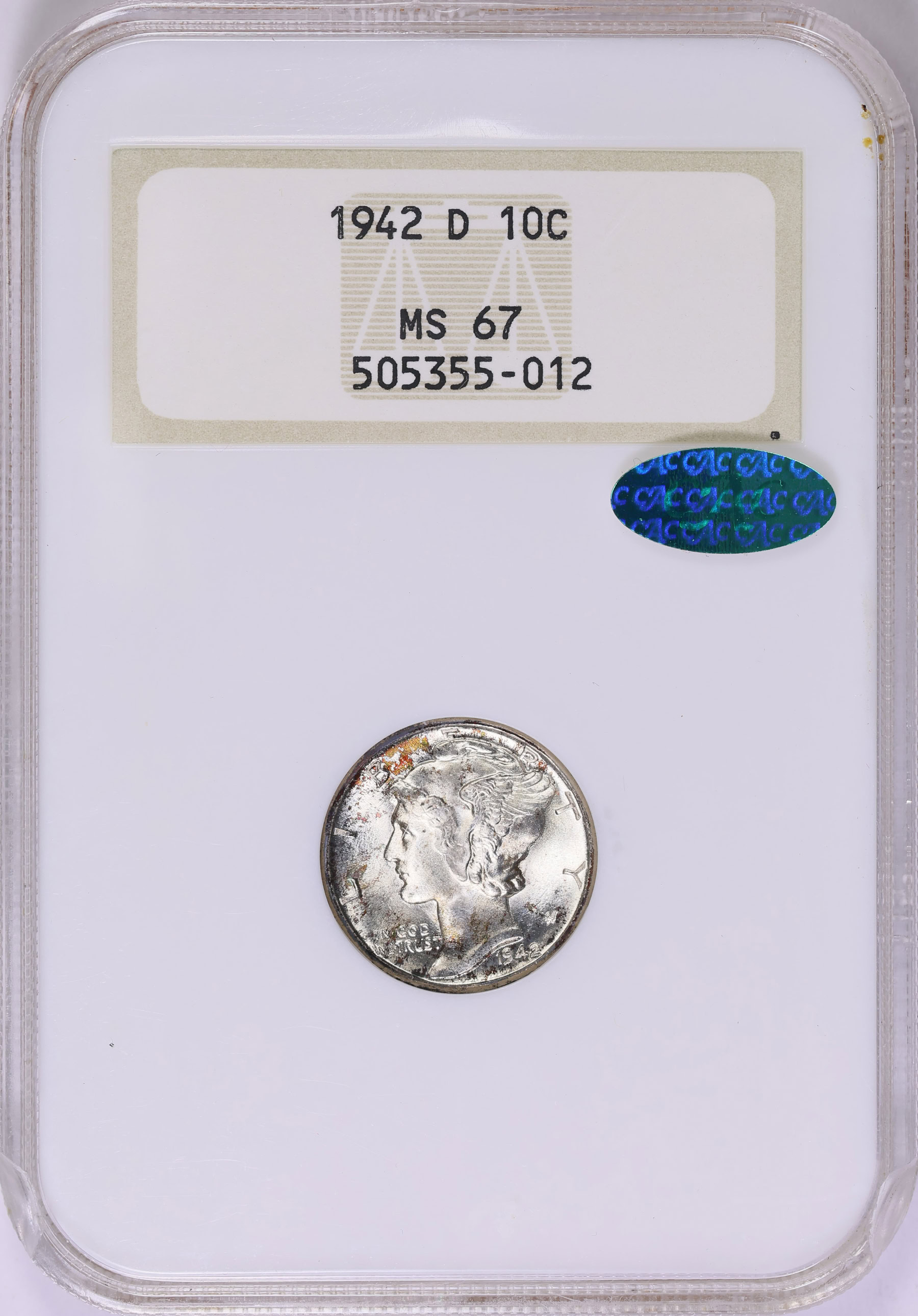 1942-D Mercury Dime NGC MS-67 (CAC Green) OH (Item 1774349) | GreatCollections Coin Auctions