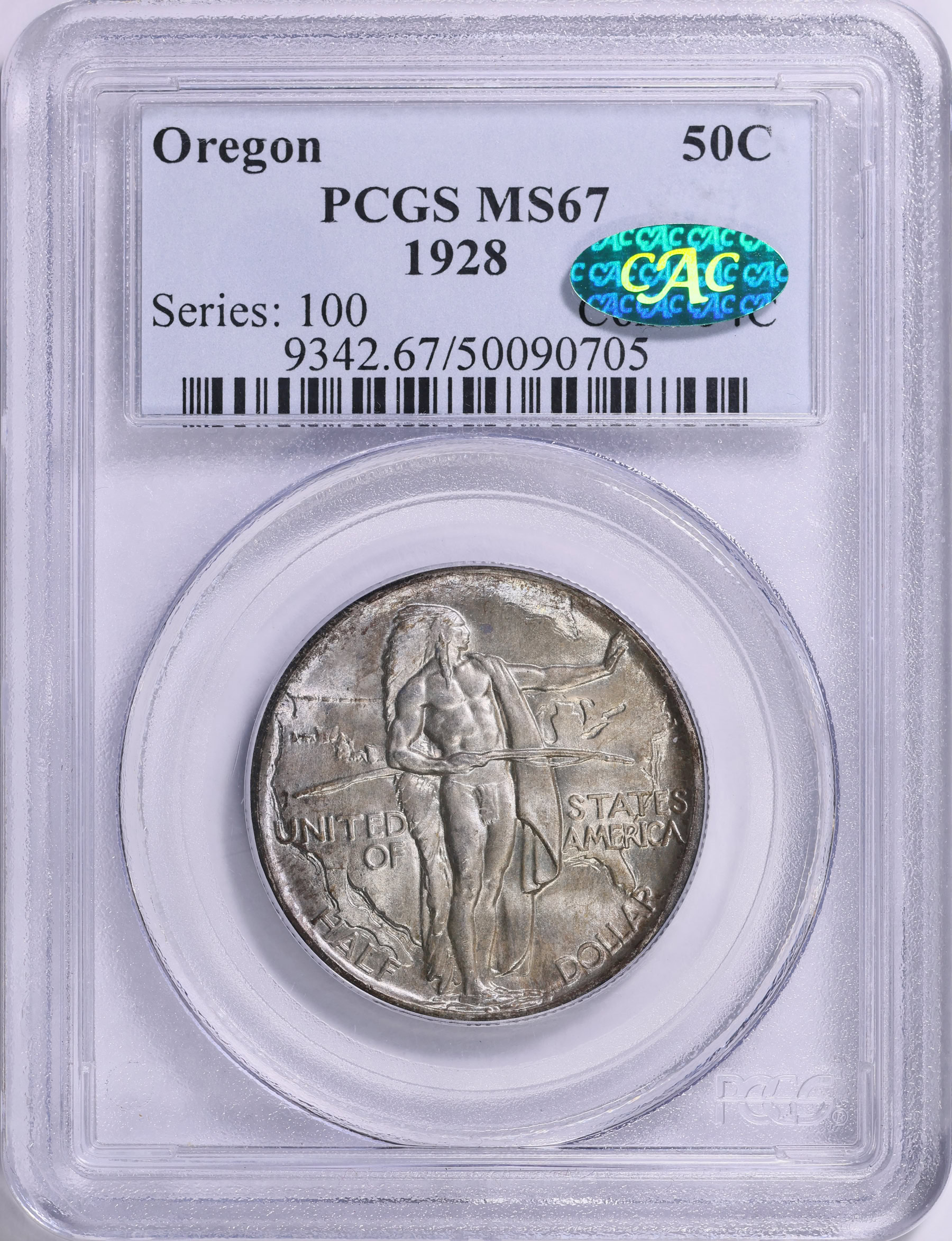 1928 Oregon Trail Memorial Half Dollar PCGS MS-67 (CAC Green) (Toned) (Item 1774370 ...