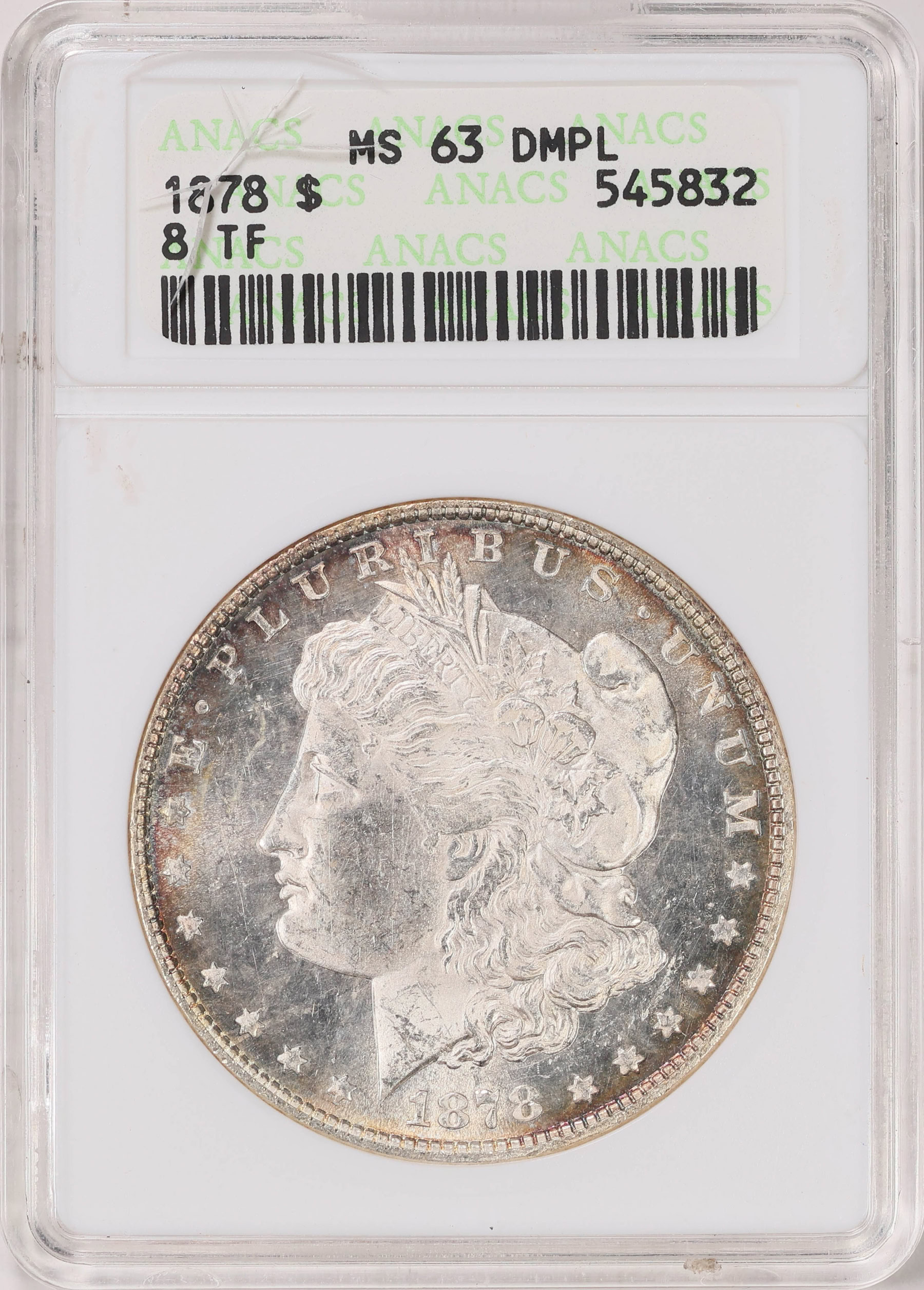 1878 Morgan Silver Dollar 8 Tailfeathers ANACS MS-63 DMPL OH (Toned) (Item 1774424 ...