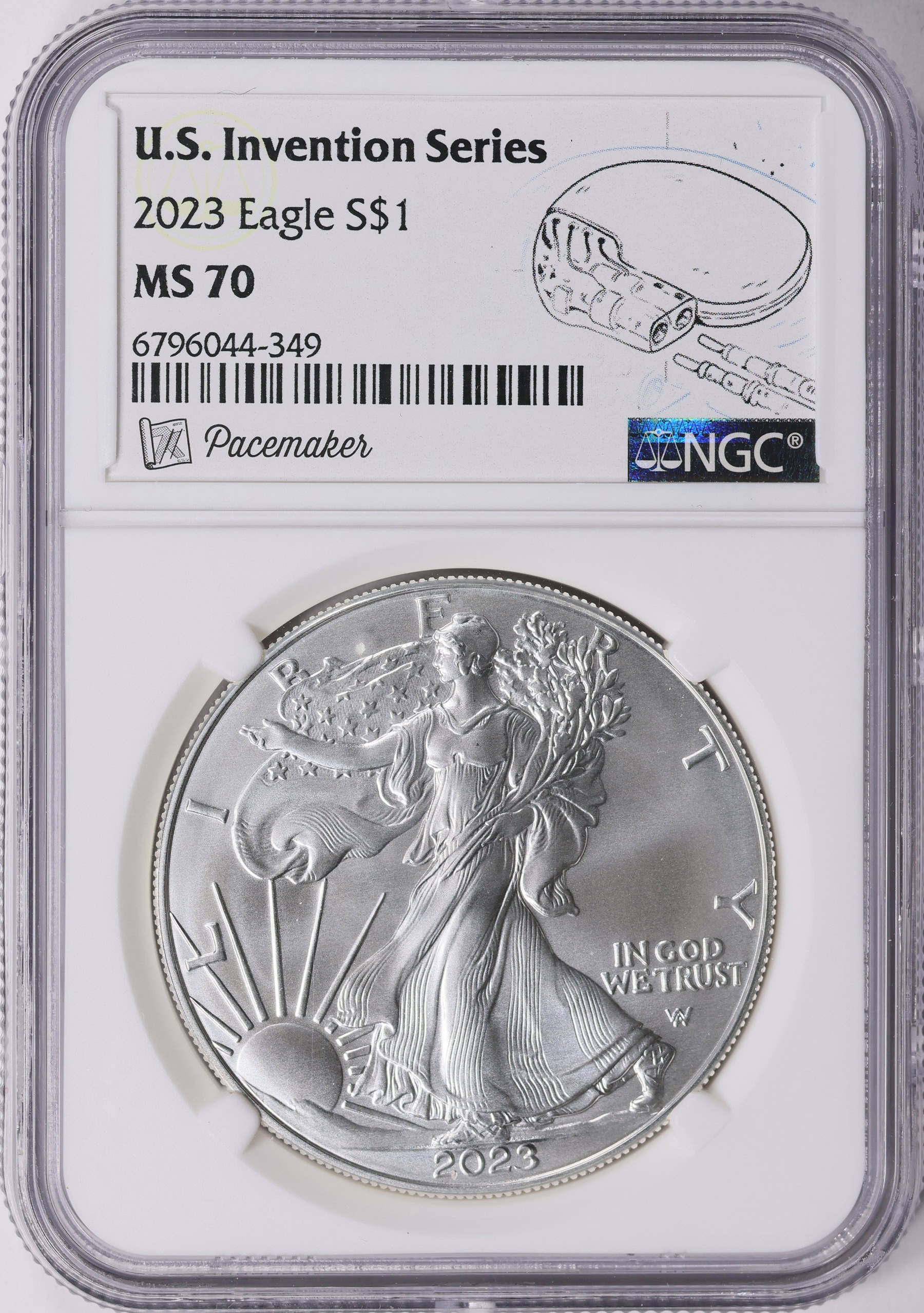 2023 $1 Silver Eagle NGC MS-70 (U.S Invention Series Pacemaker Label ...