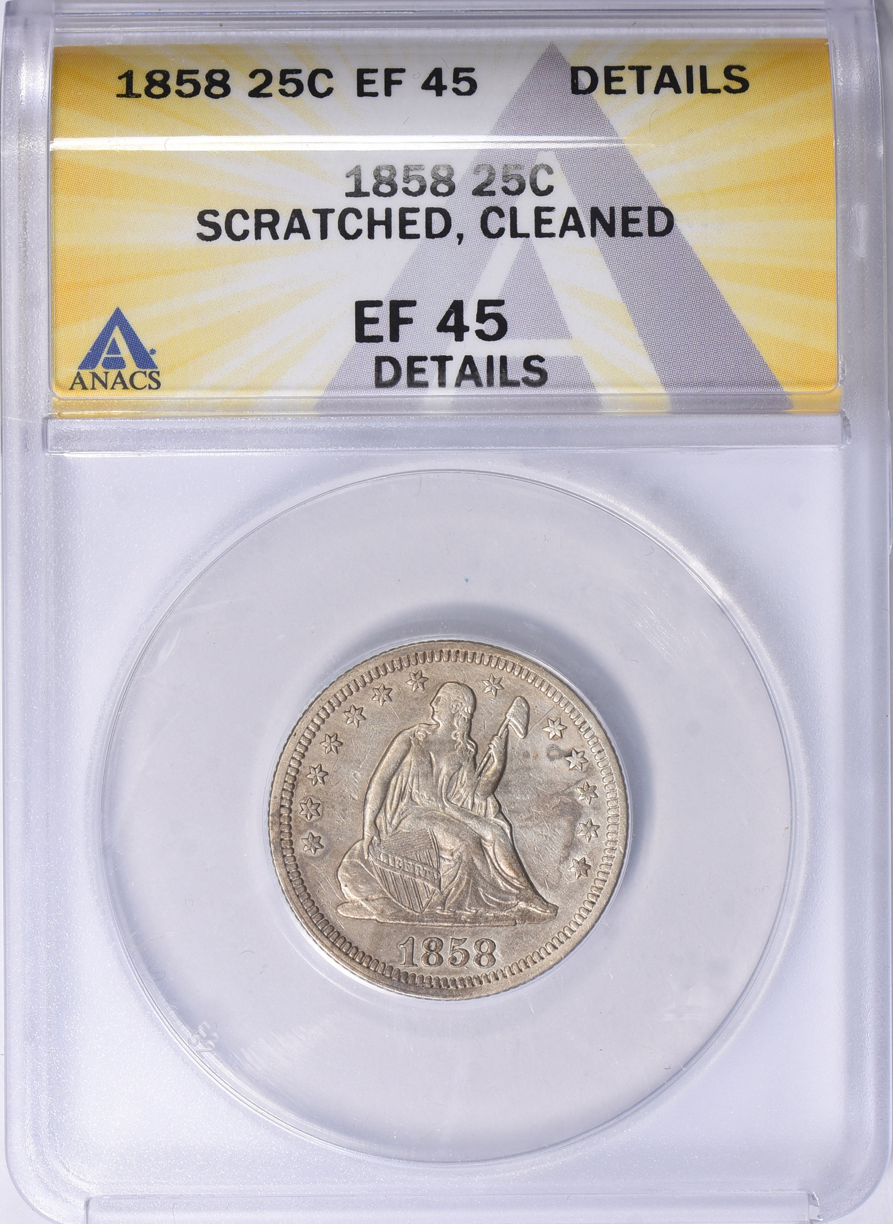 1858 Seated Liberty Quarter ANACS XF-45 Details (Item 1774687) | GreatCollections Coin Auctions