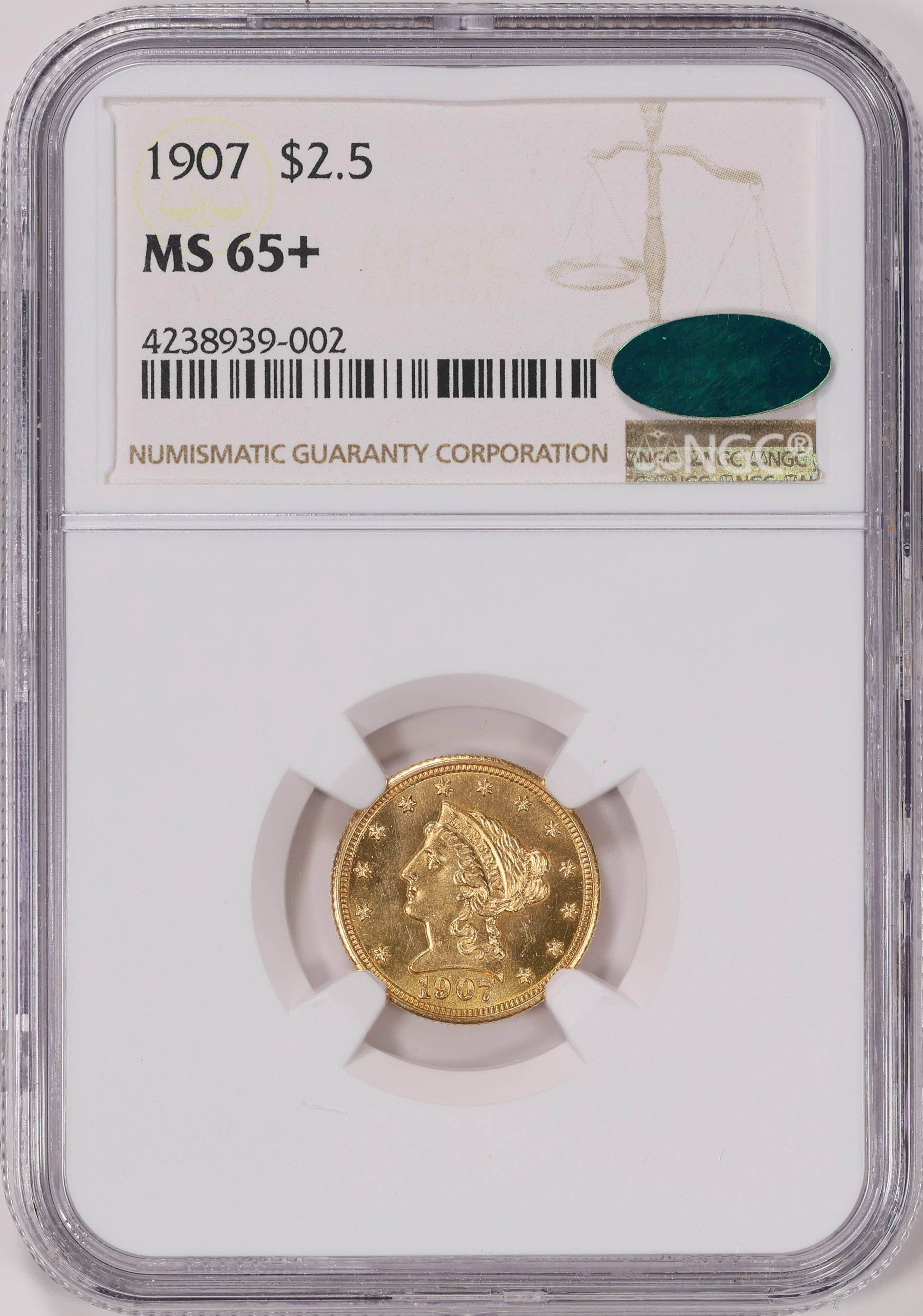 1907 Liberty Gold Quarter Eagle NGC MS-65+ (CAC Green) (Item 1775116) | GreatCollections Coin ...