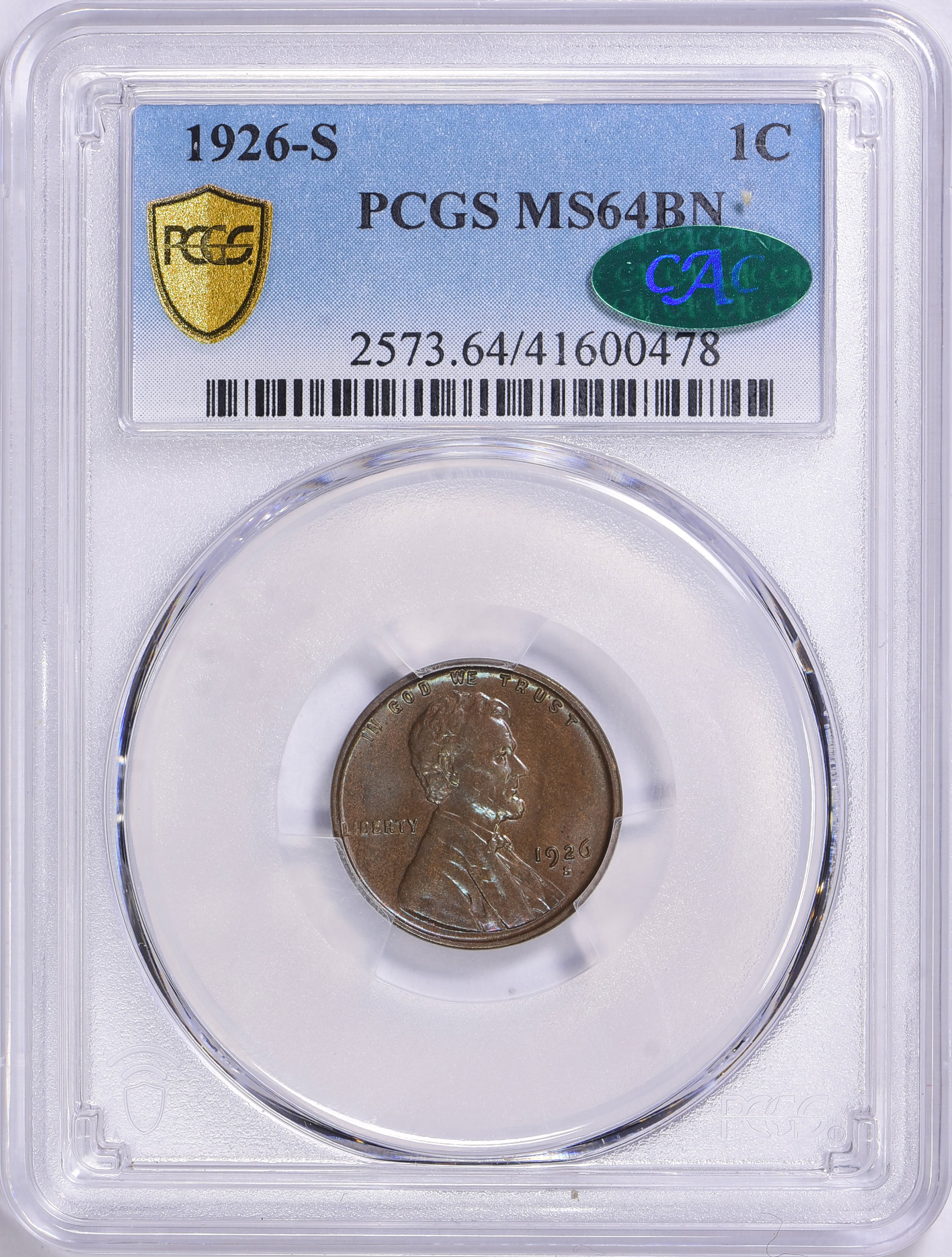 1926-S Lincoln Cent PCGS MS-64 BN (CAC Green) (Toned) (Item 1775156) | GreatCollections Coin ...