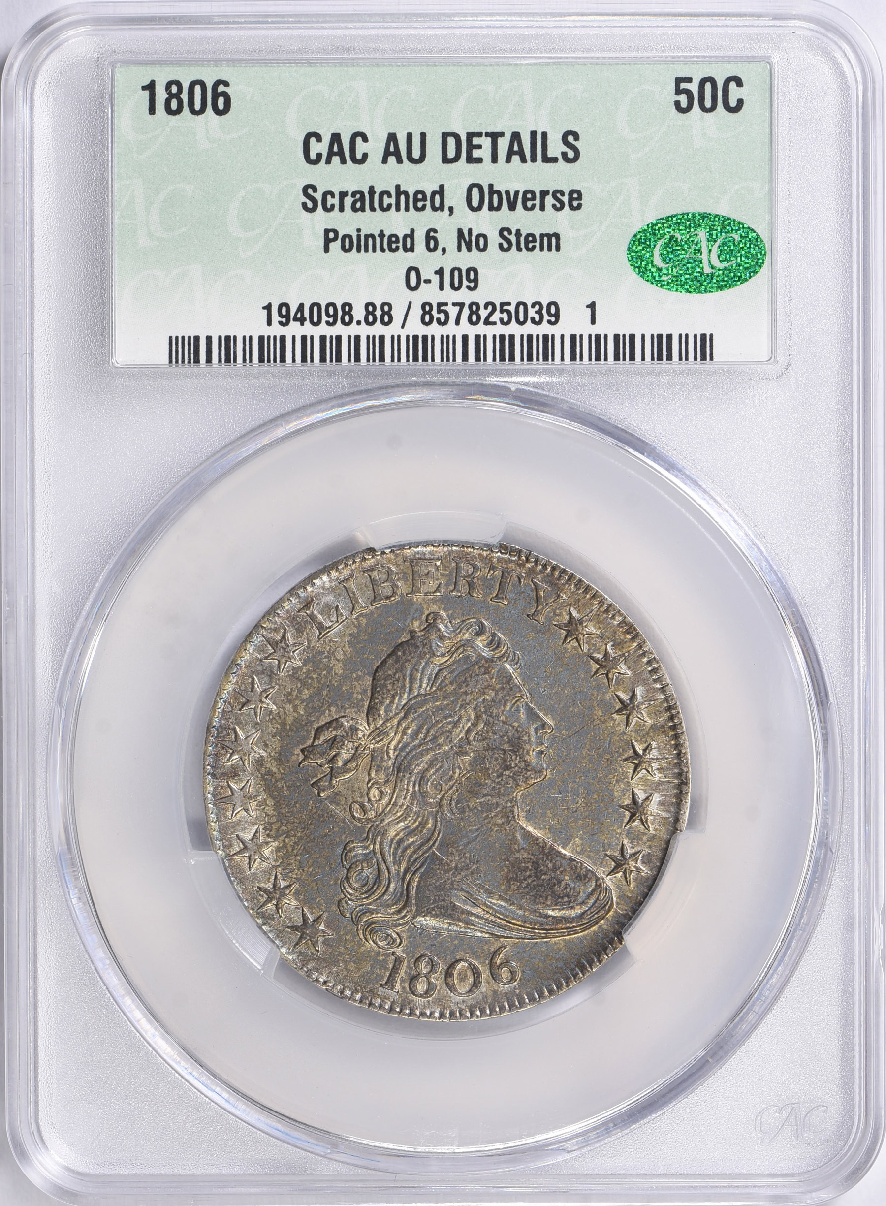 1806 Draped Bust Half Dollar Pointed 6, No Stem Overton 109 CACG AU Details (Item 1775193 ...