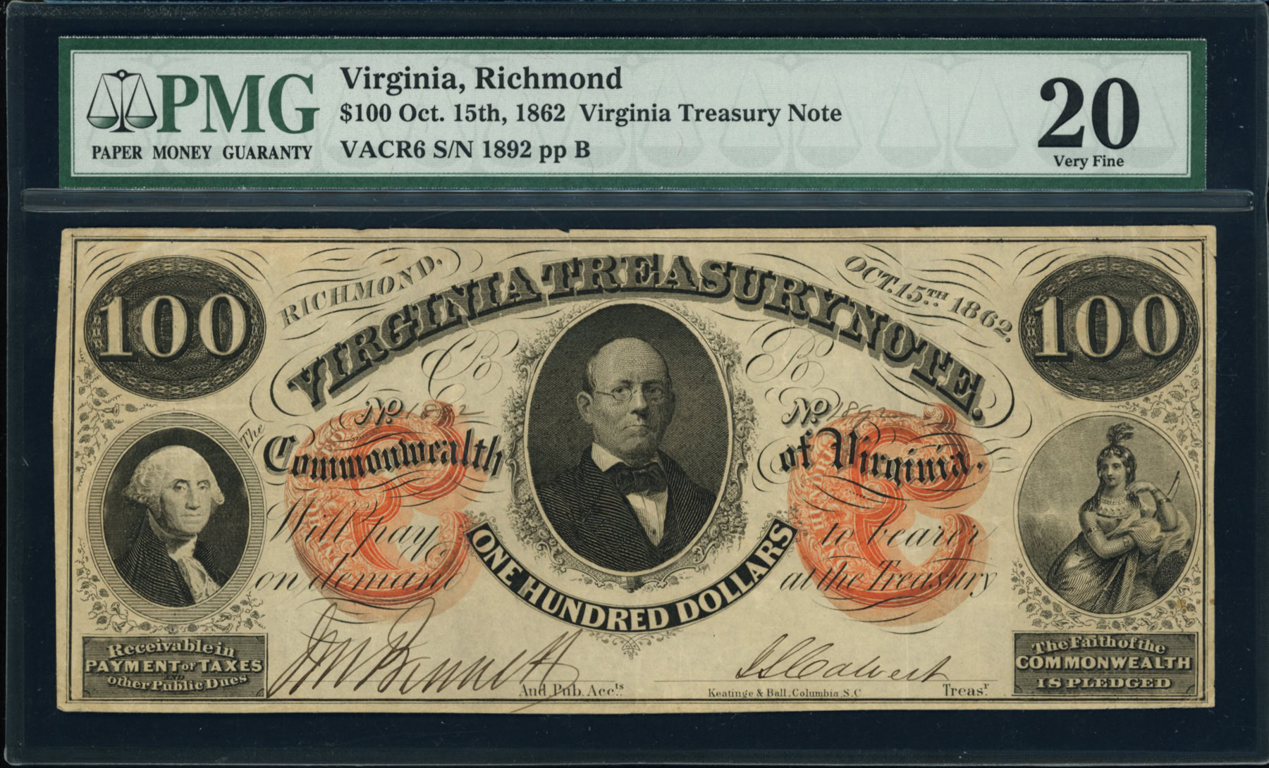 1862 Richmond, Virginia $100 Virginia Treasury Note PMG Very Fine 20 ...