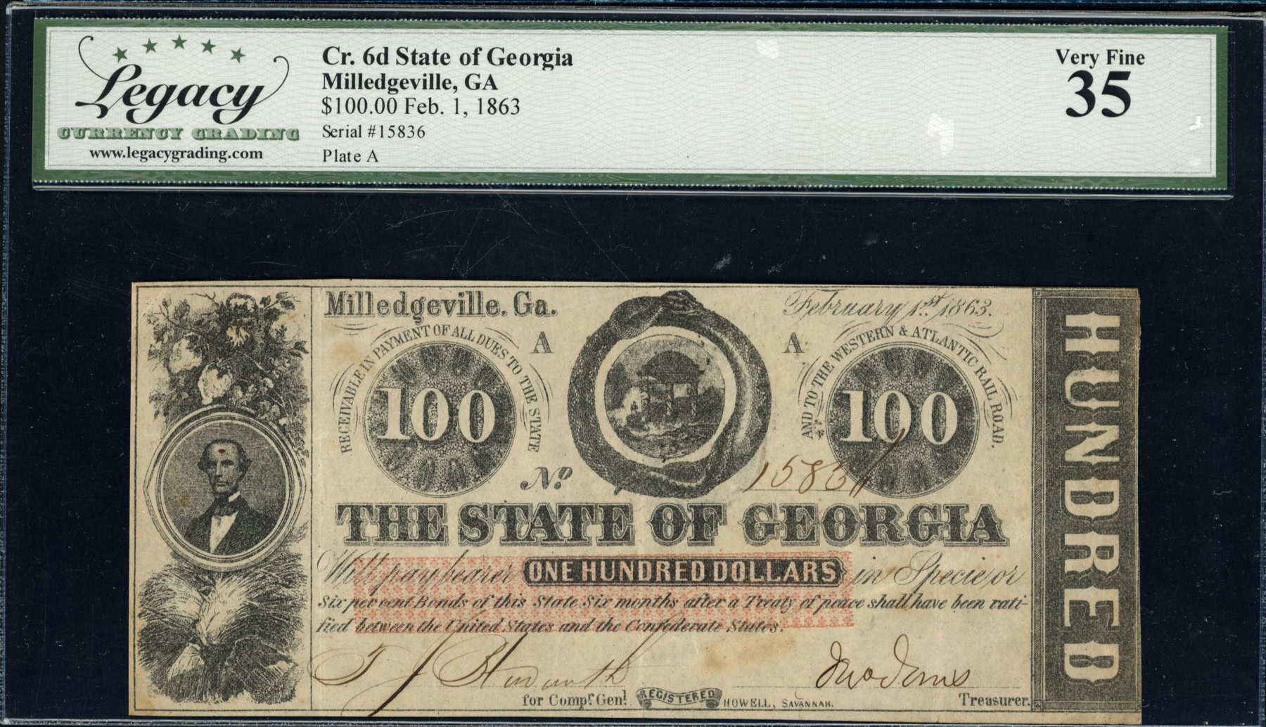 1863 Milledgeville, Georgia State of Georgia $100 Note Legacy Very Fine ...
