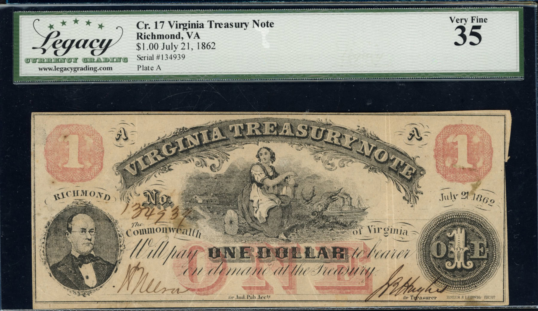 1862 Richmond, Virginia $1 Virginia Treasury Note Legacy Very Fine 35 ...