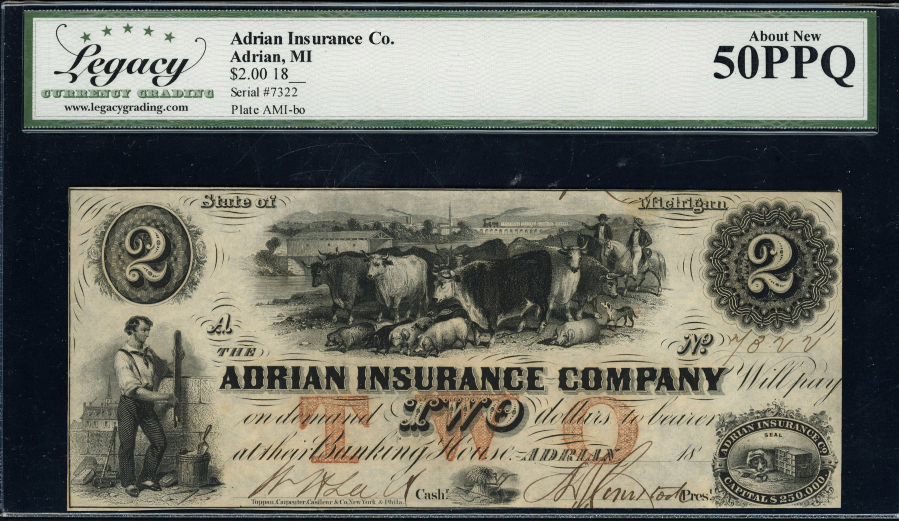 1850s Adrian, Michigan Adrian Insurance Company $2 Remainder Note ...