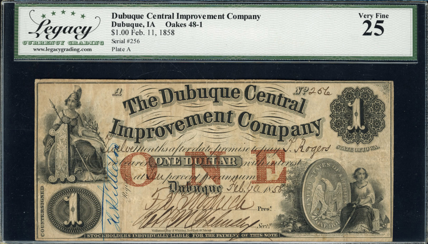 Feb. 11, 1858 Dubuque, Iowa Dubuque Central Improvement Co. $1 Note ...