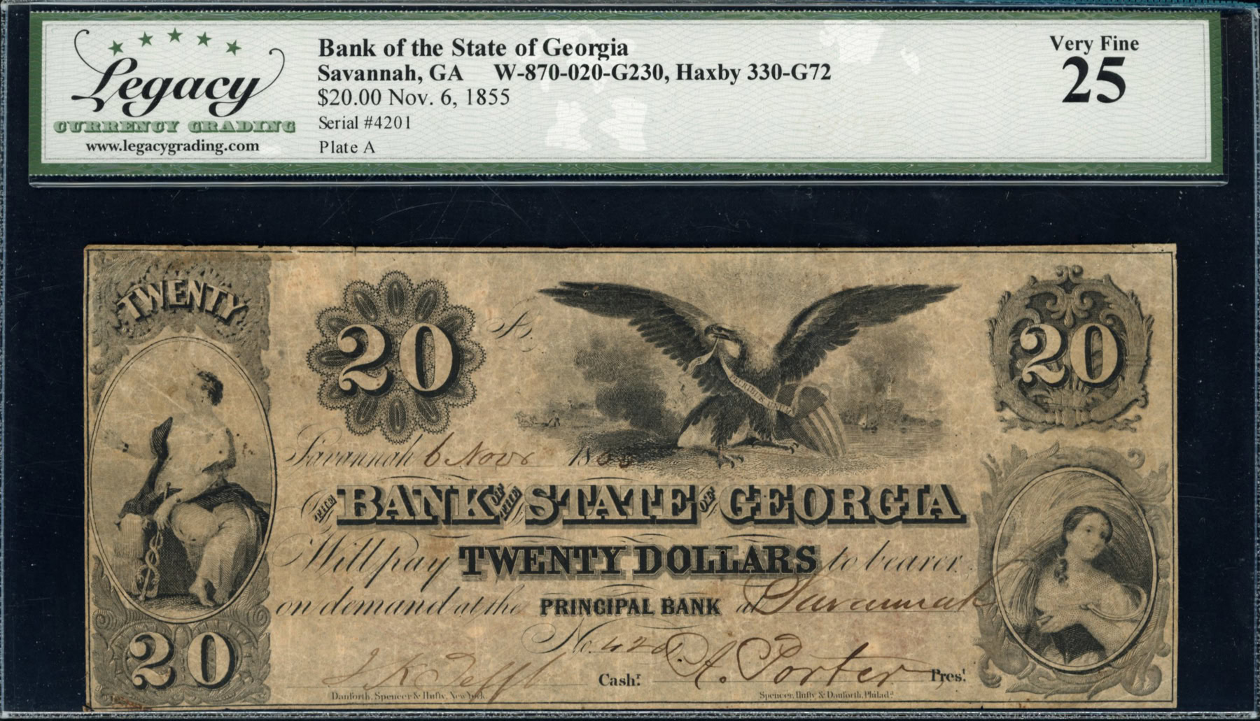 Nov. 6, 1855 Savannah, Georgia Bank of the State of Georgia $20 Note ...