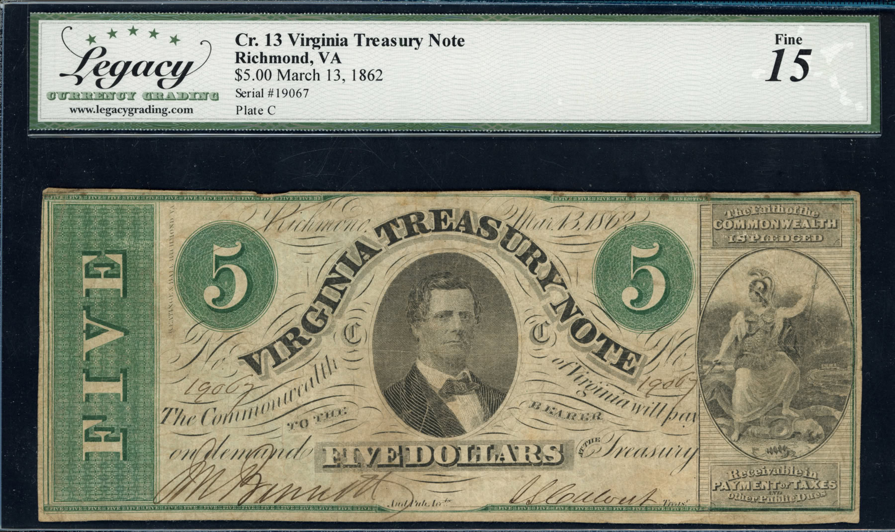 1862 Richmond, Virginia $5 Virginia Treasury Note Legacy Fine 15 ...