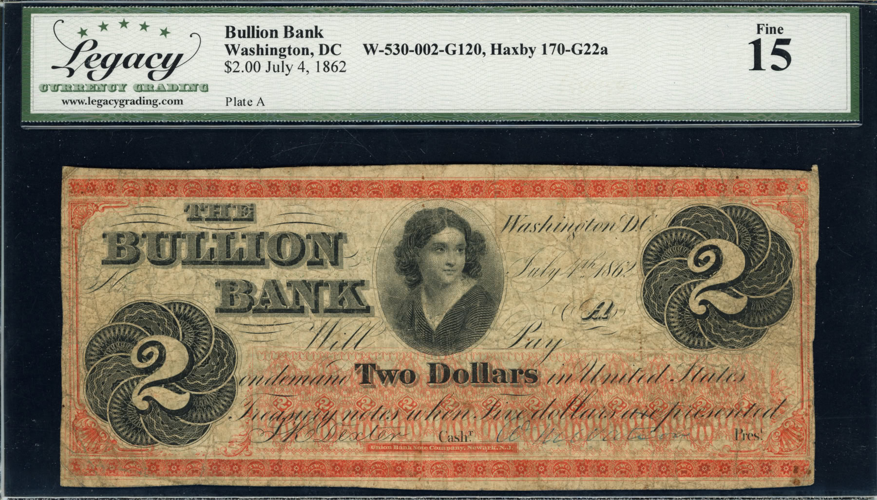 1862 Washington D.C. Bullion Bank $2 Note Legacy Fine 15 | Legacy Cert ...