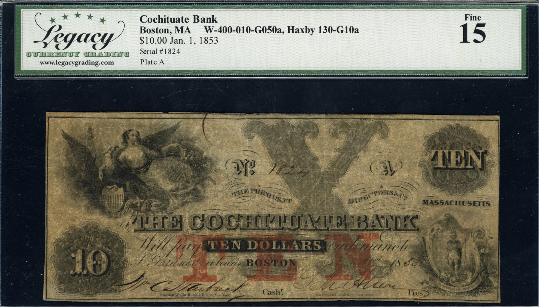 Jan. 1, 1853 Boston, Massachusetts Cochituate Bank $10 Note Legacy Fine ...