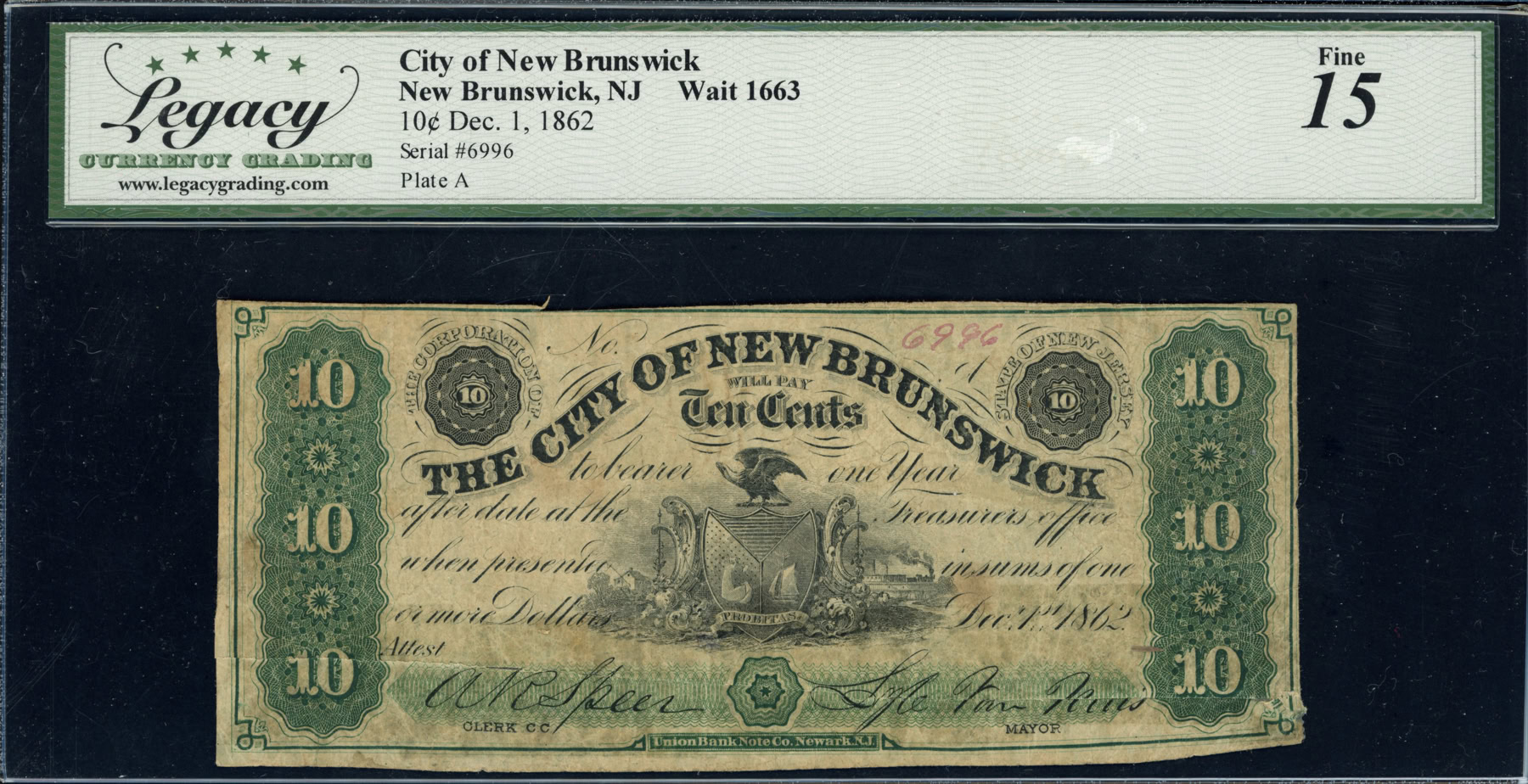 1862 New Brunswick, New Jersey City of New Brunswick 10 Cents Note ...