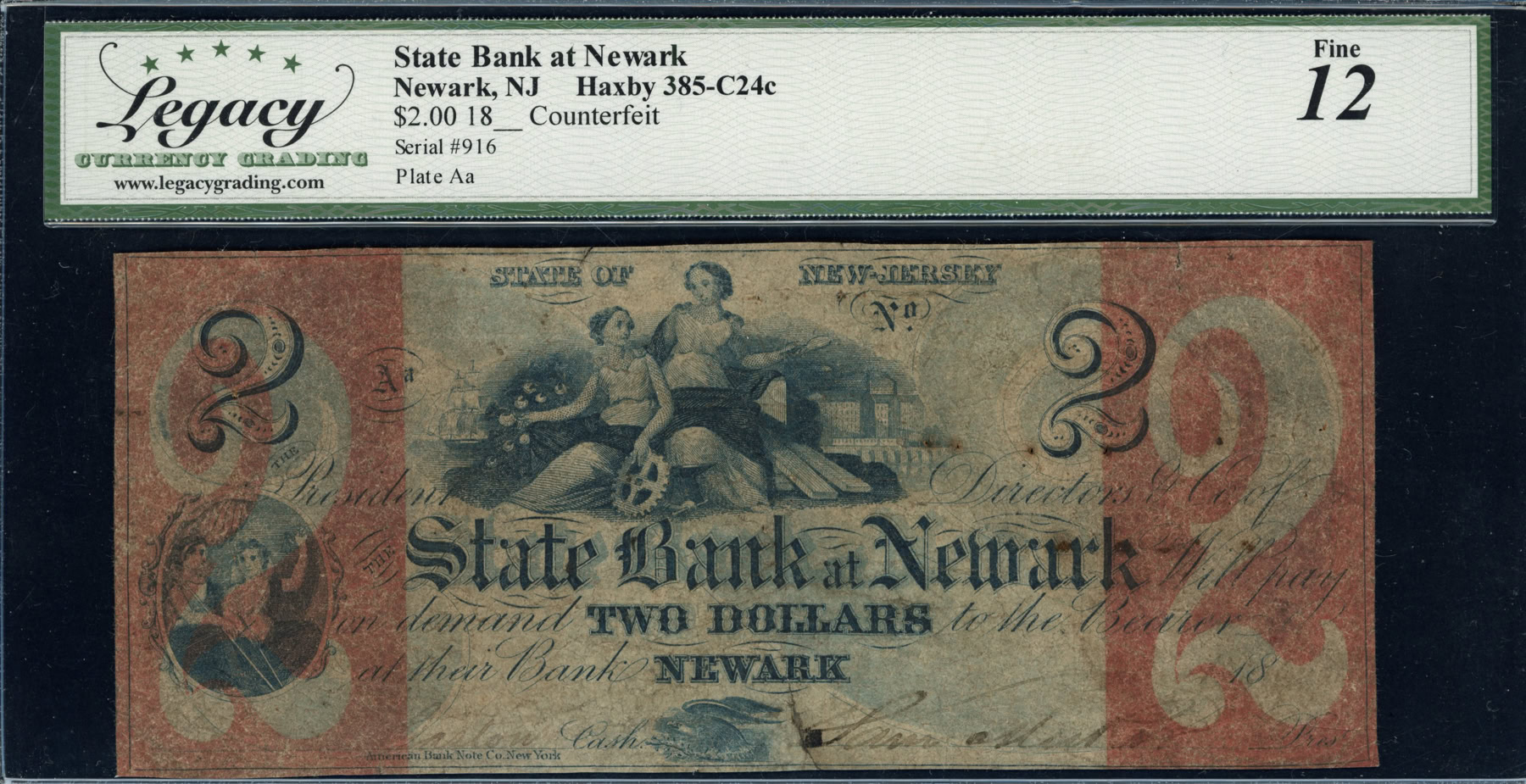 1860s Newark, New Jersey State Bank at Newark $2 Counterfeit Note ...