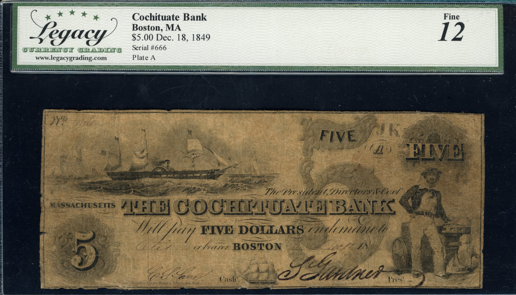 Dec. 18, 1849 Boston, Massachusetts Cochituate Bank $5 Note Legacy Fine ...