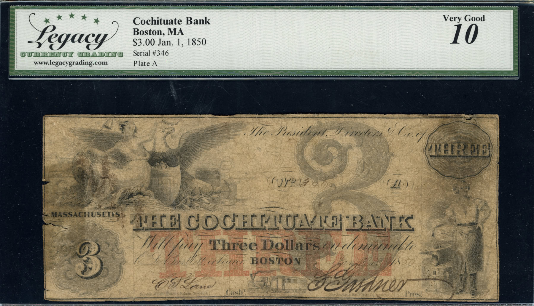 Jan. 1, 1850 Boston, Massachusetts Cochituate Bank $3 Note Legacy Very ...