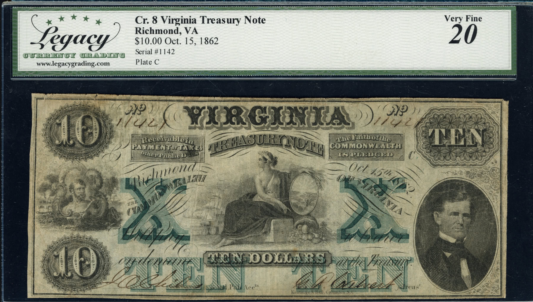 1862 Richmond, Virginia $10 Virginia Treasury Note Legacy Very Fine 20 ...