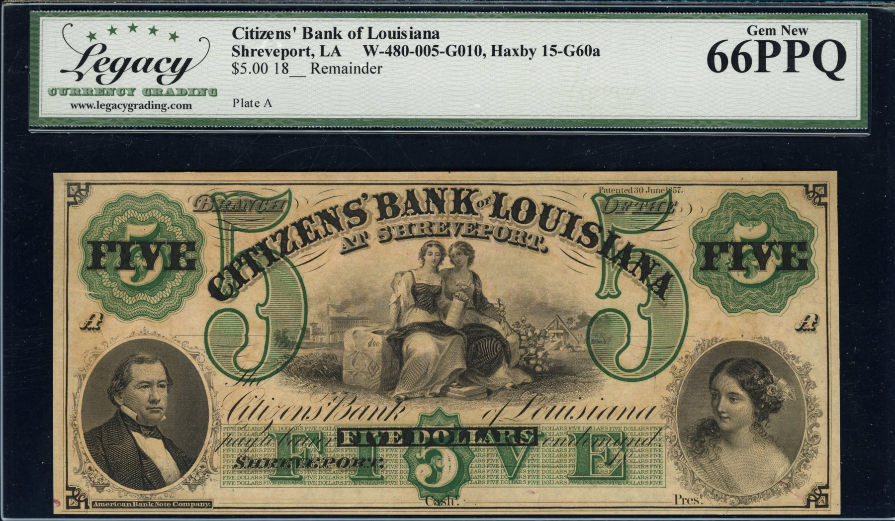 1860s Shreveport, Louisiana Citizens' Bank of Louisiana $5 Remainder ...