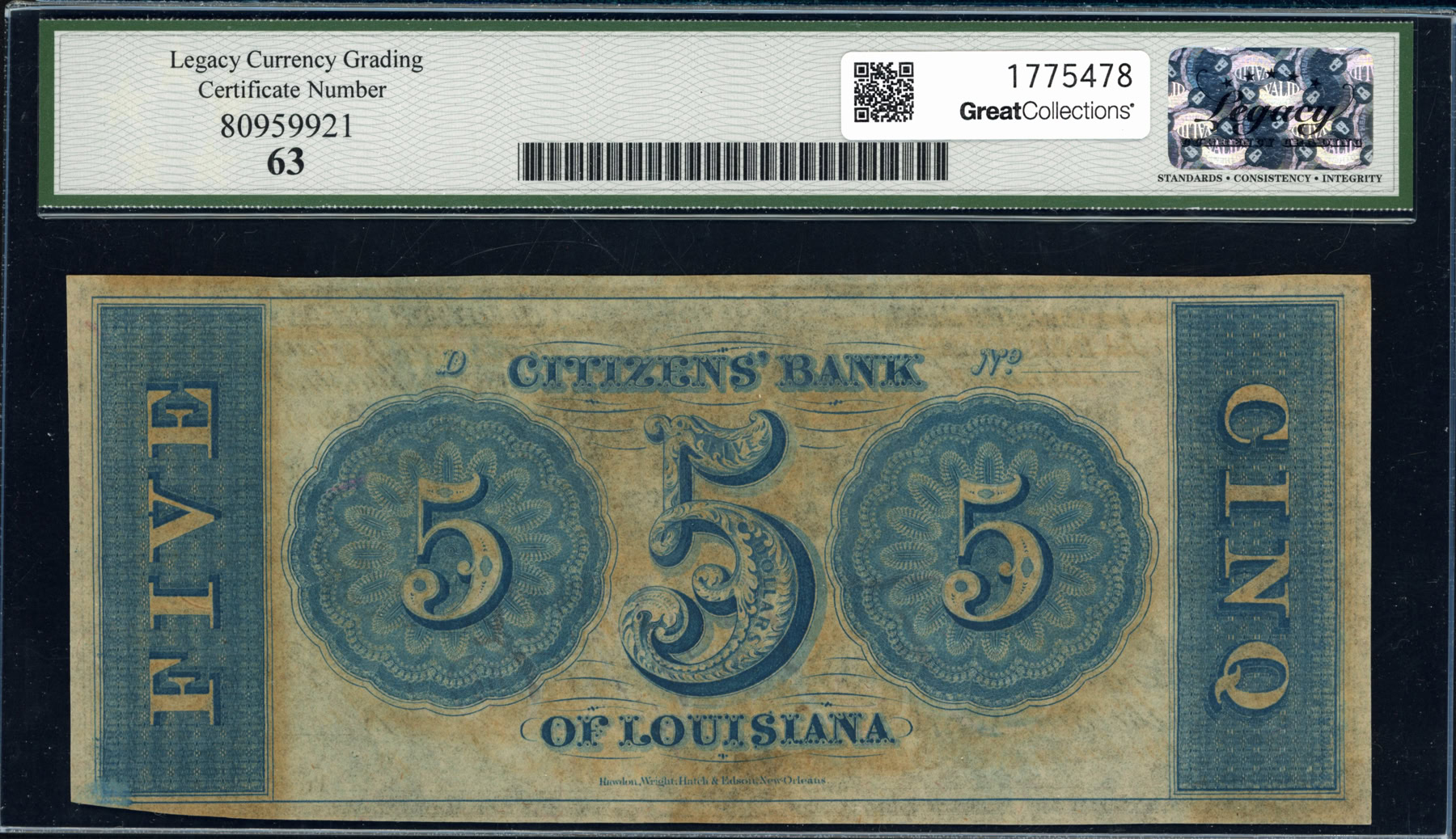 1850s-60s New Orleans, Louisiana Citizens' Bank of Louisiana $5 ...