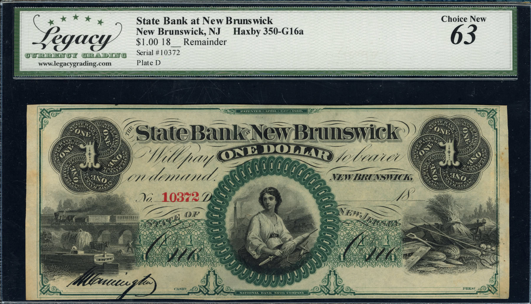1860s New Brunswick, New Jersey State Bank at New Brunswick $1 ...