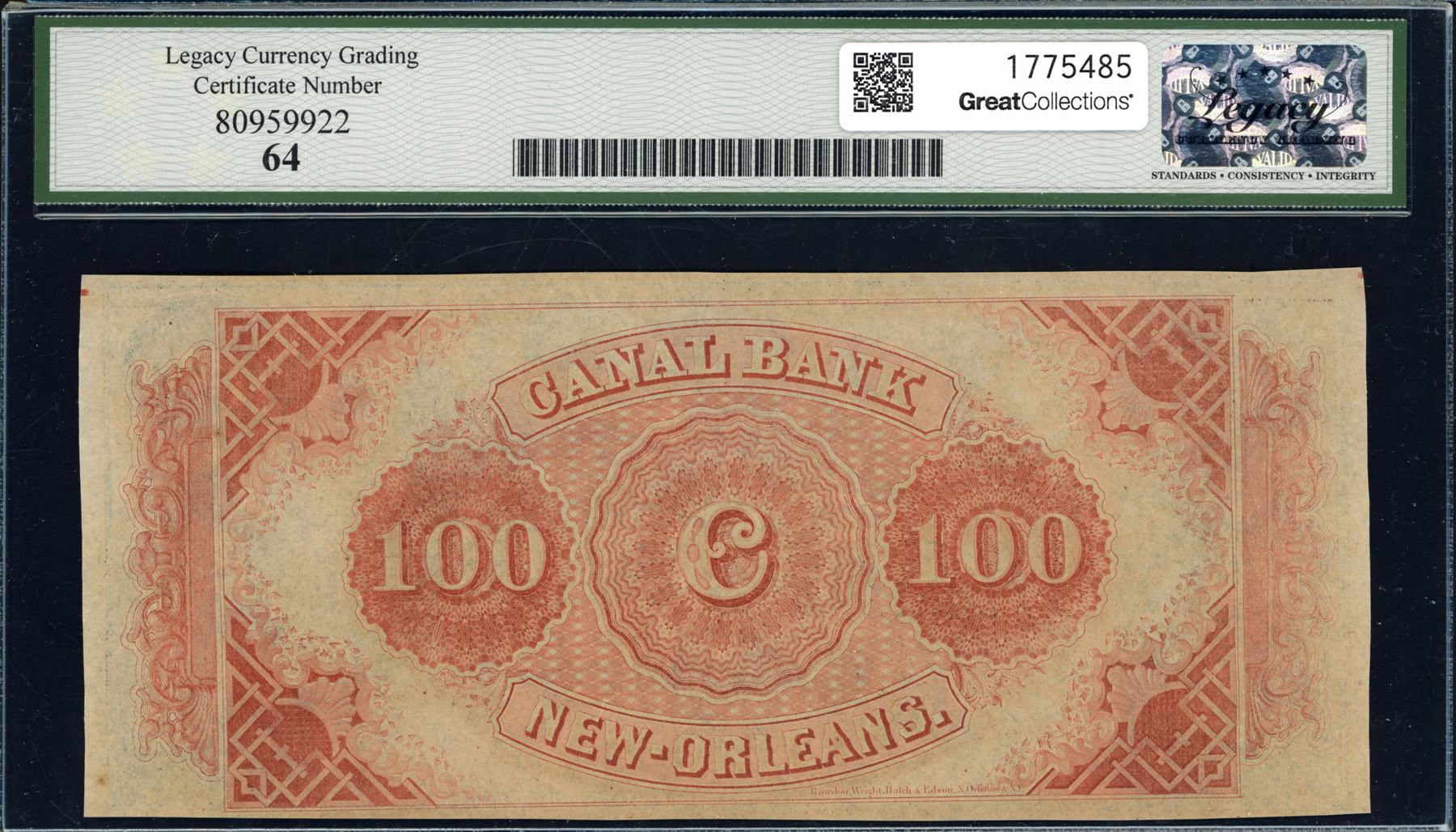 1850s New Orleans, Louisiana New Orleans Canal & Banking Co. $100 ...