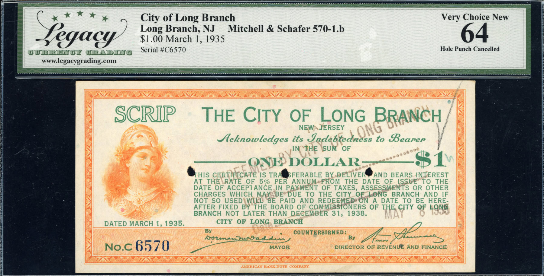 1935 Long Branch, New Jersey The City Of Long Branch $1 Depression ...