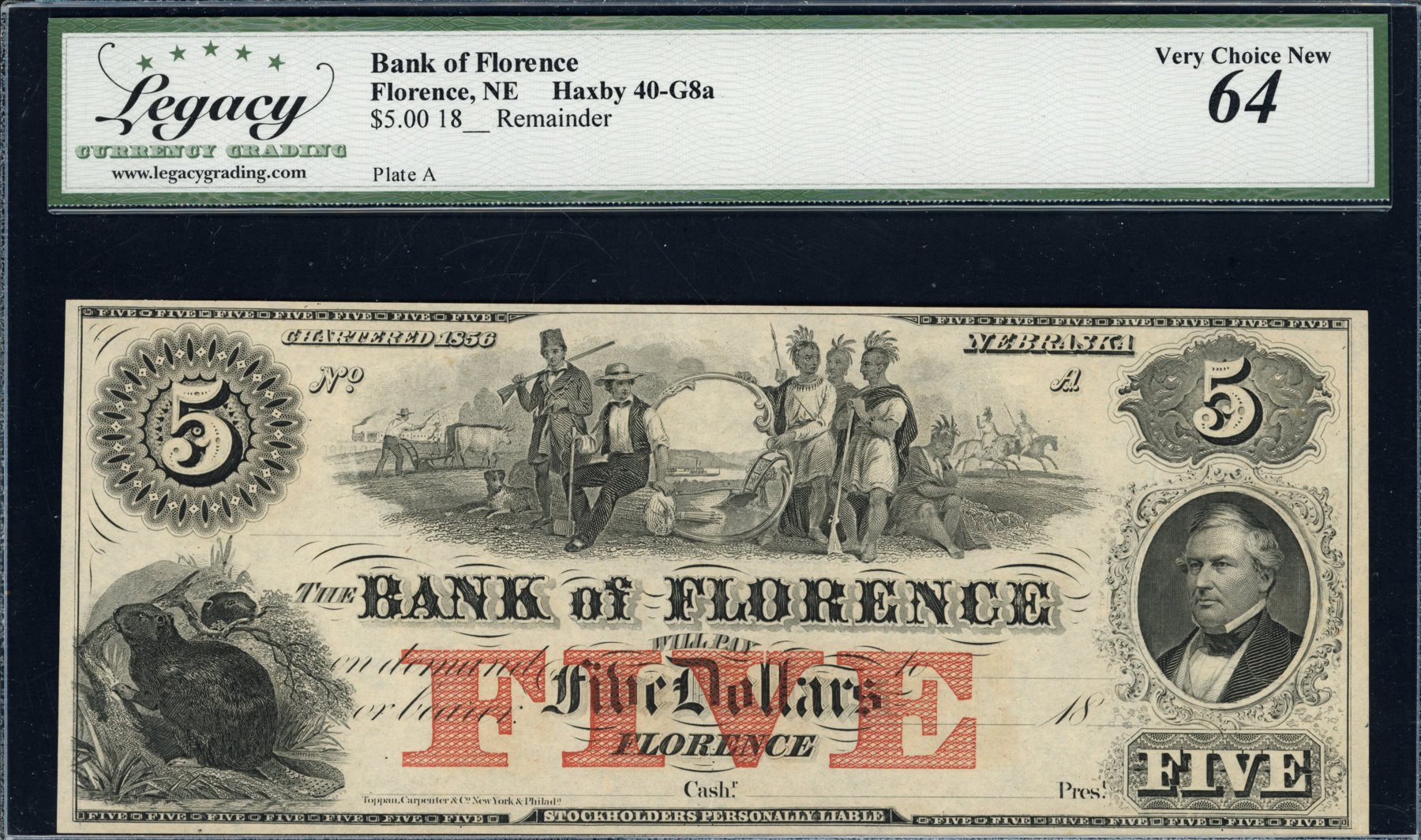 1850s Florence, Nebraska Bank of Florence $5 Remainder Note Legacy Very ...