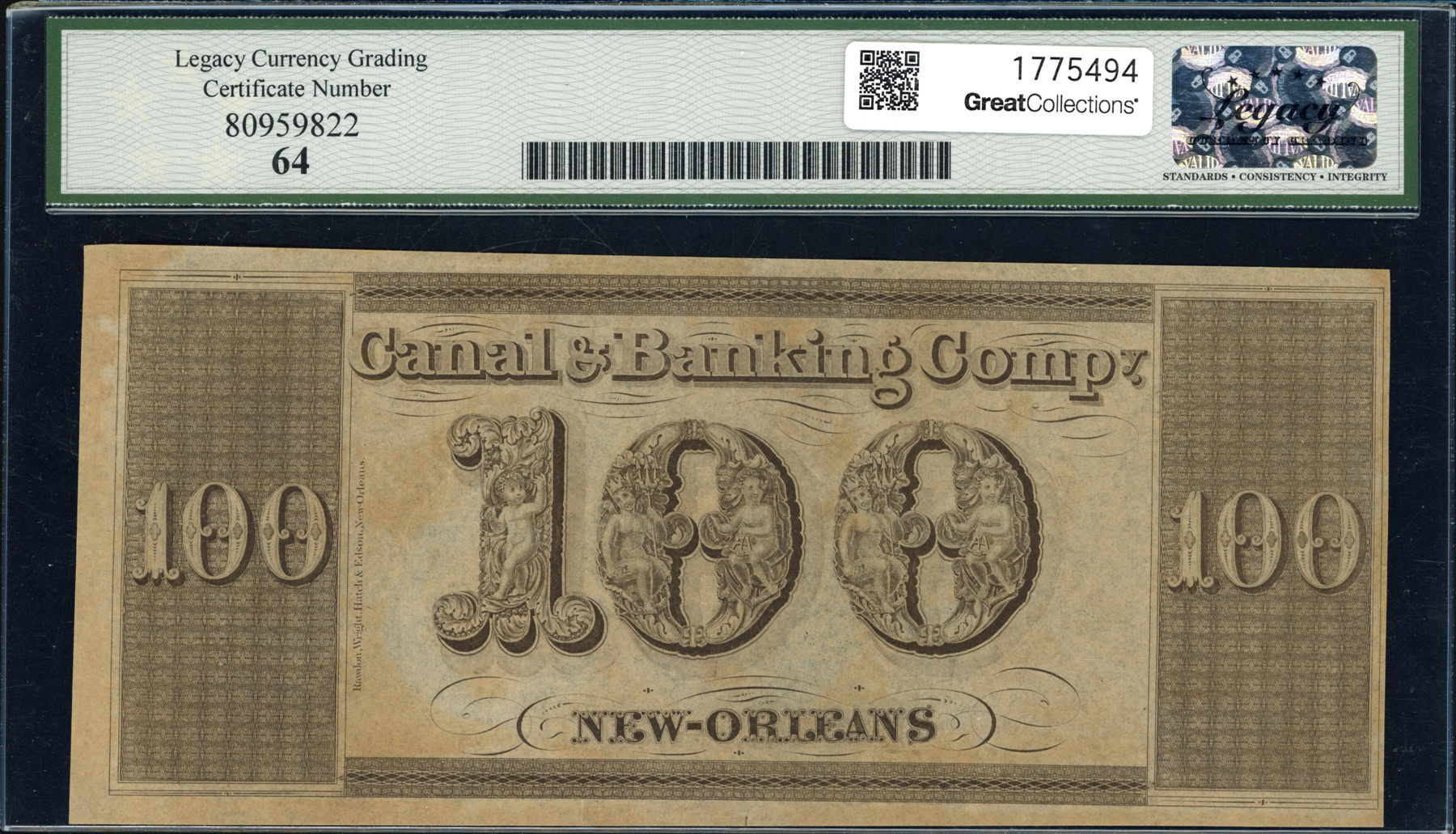 1840s New Orleans, Louisiana New Orleans Canal & Banking Co. $100 ...