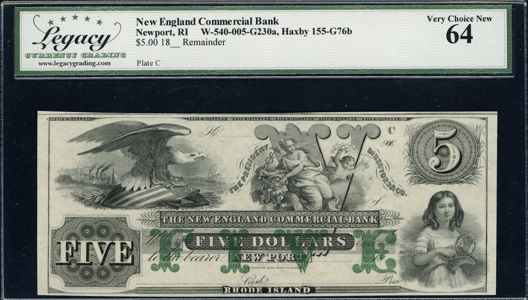 1860s Newport, Rhode Island New England Commercial Bank $5 Remainder ...
