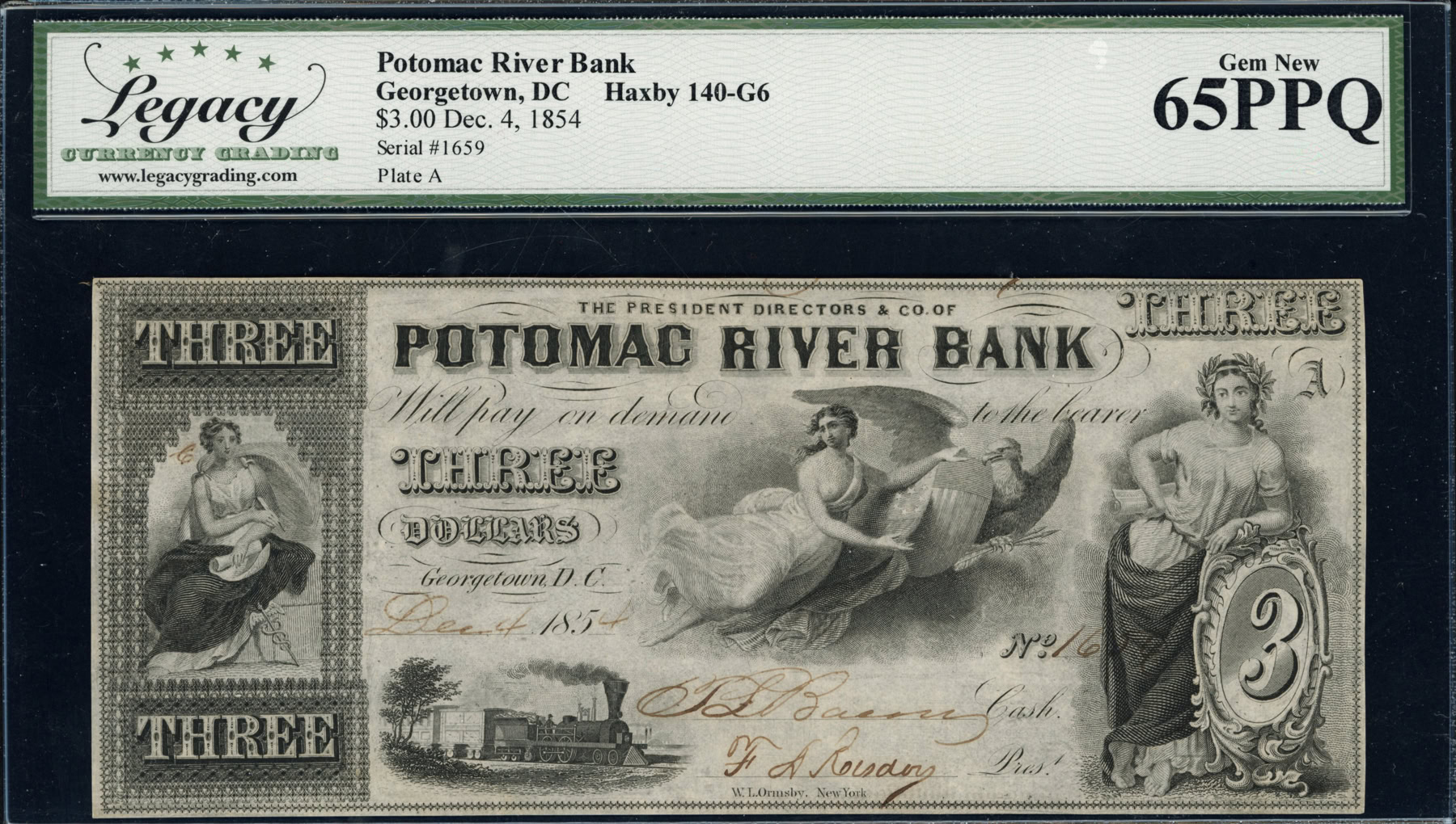Dec. 4, 1854 Georgetown, District of Columbia $3 Note Legacy Gem New 65 ...