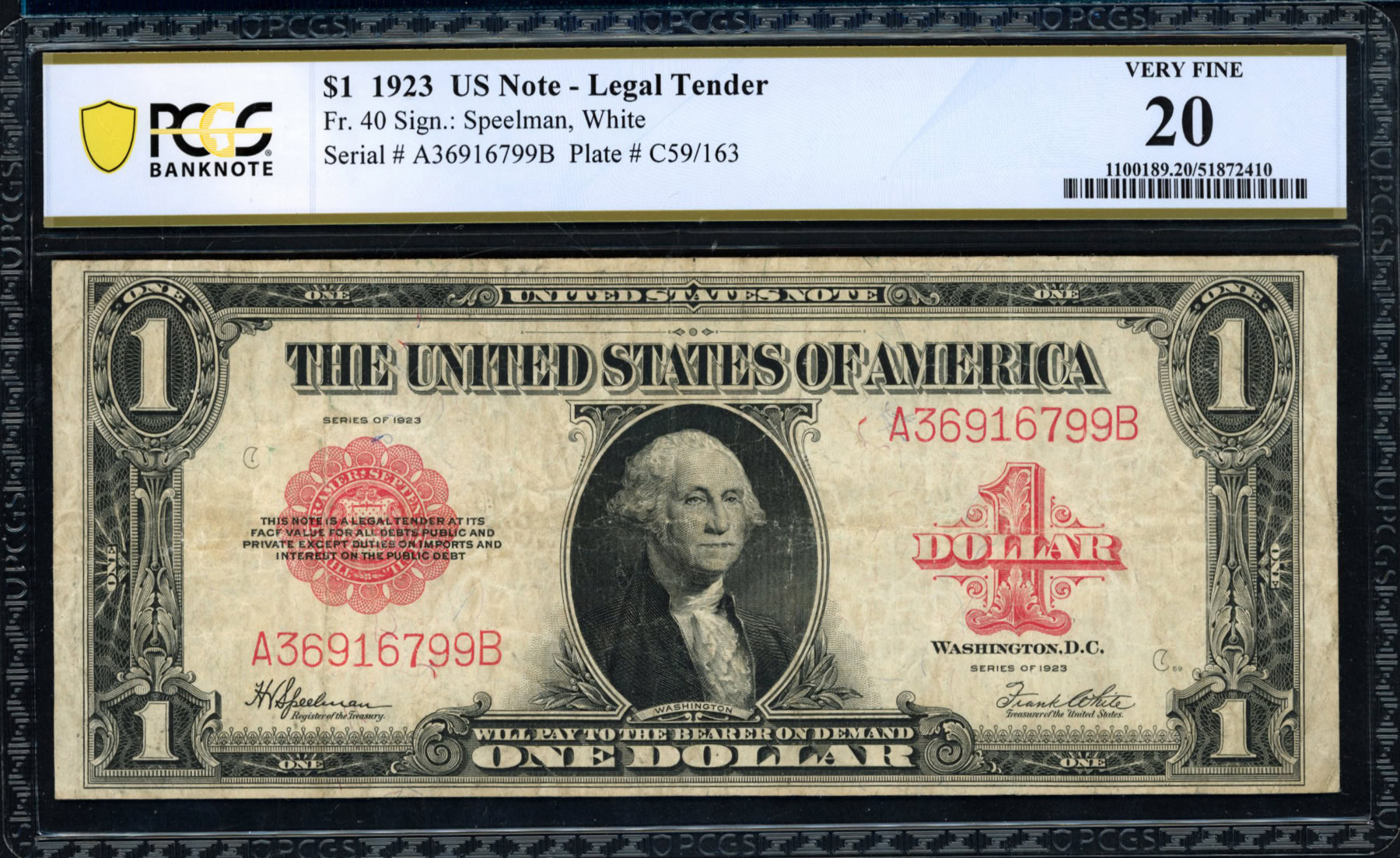 Fr. 40 1923 $1 Legal Tender Note Speelman / White PCGS Banknote Very ...