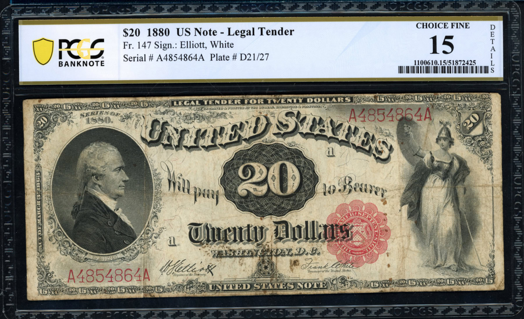 Fr. 147 1880 $20 Legal Tender Note Elliott / White PCGS Banknote Choice ...