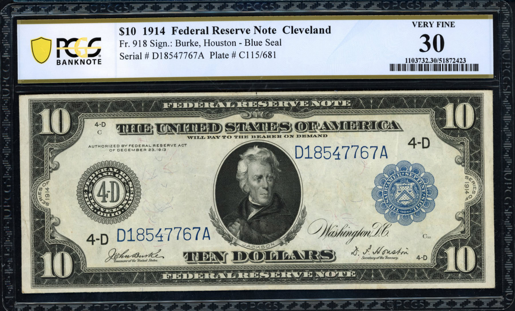 Fr. 918 1914 $10 Cleveland Federal Reserve Note Burke / Houston PCGS Banknote Very Fine 30 ...