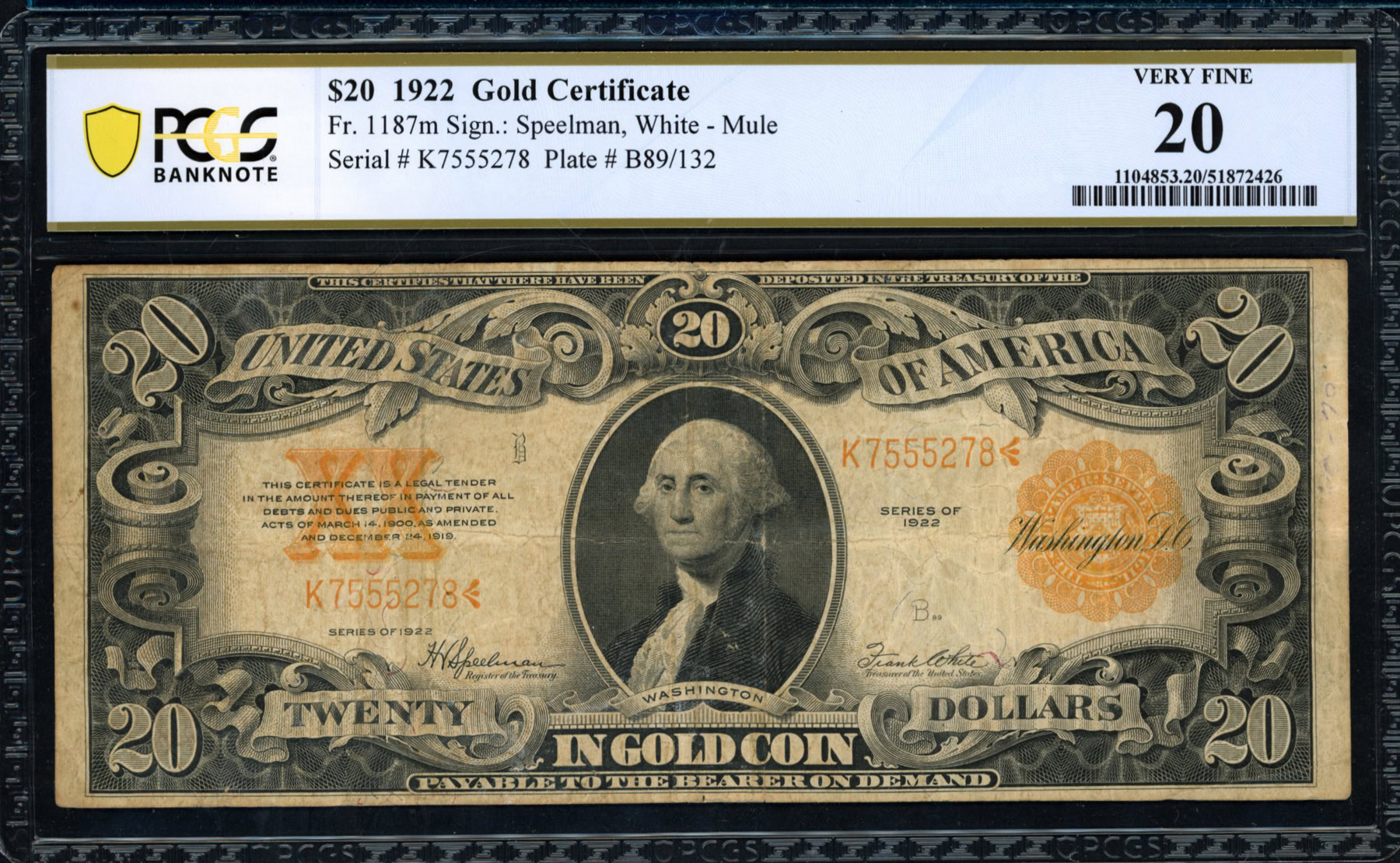 Fr. 1187m 1922 $20 Gold Certificate Mule Note Speelman / White PCGS ...