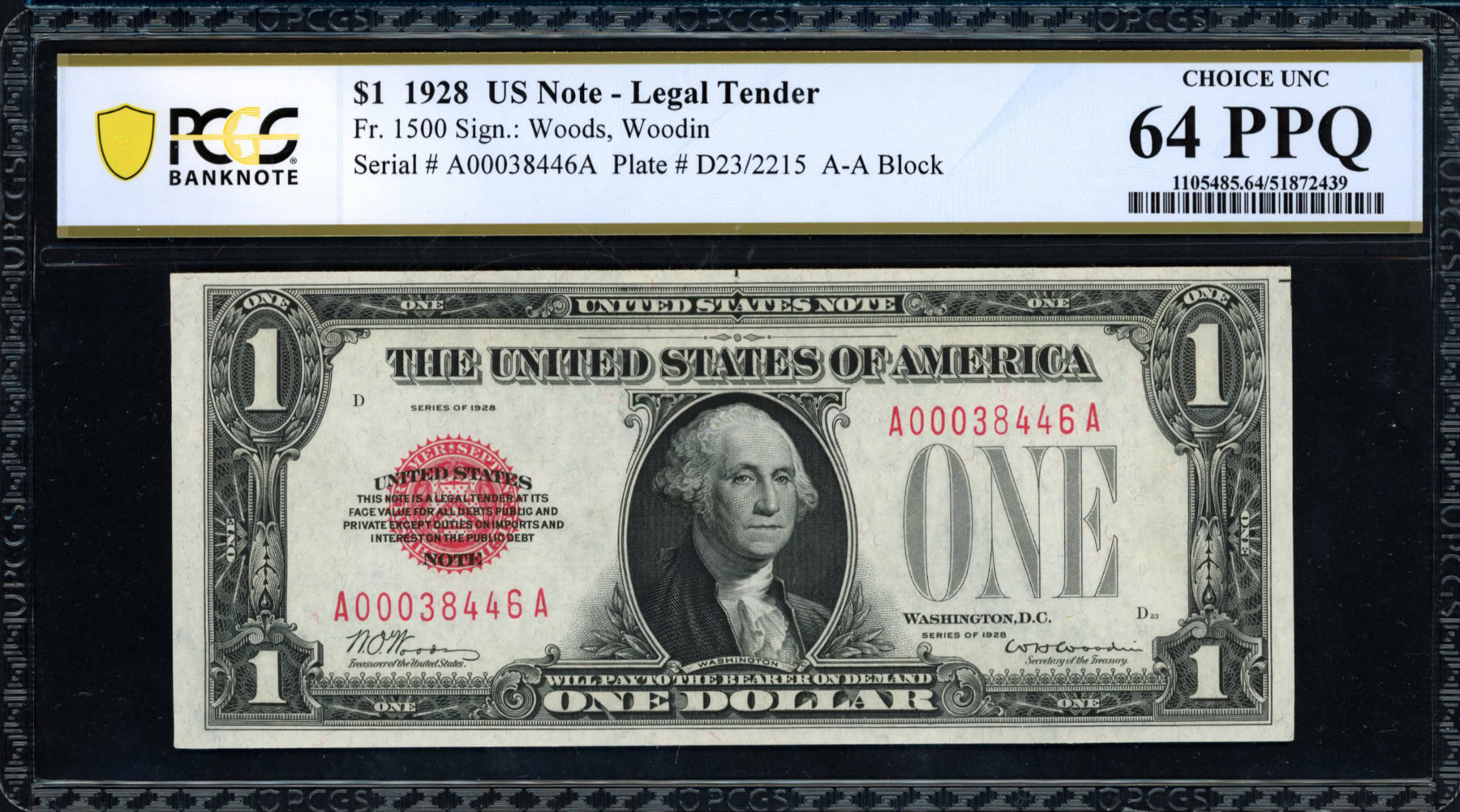 Fr. 1500 (AA Block) 1928 $1 Legal Tender Note Woods / Woodin PCGS ...