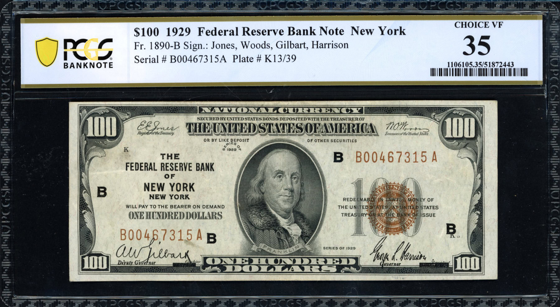 Fr. 1890-B (BA Block) 1929 $100 New York Federal Reserve Bank Note ...