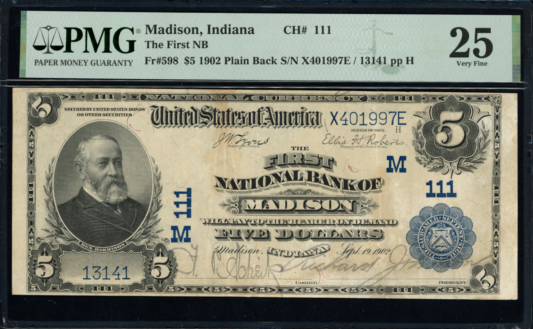 Fr. 598 Madison, Indiana 1902 $5 Plain Back Note The First National ...