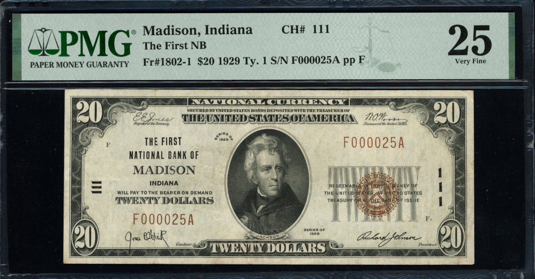 Fr. 1802-1 Madison, Indiana 1929 Type 1 The First National Bank $20 ...